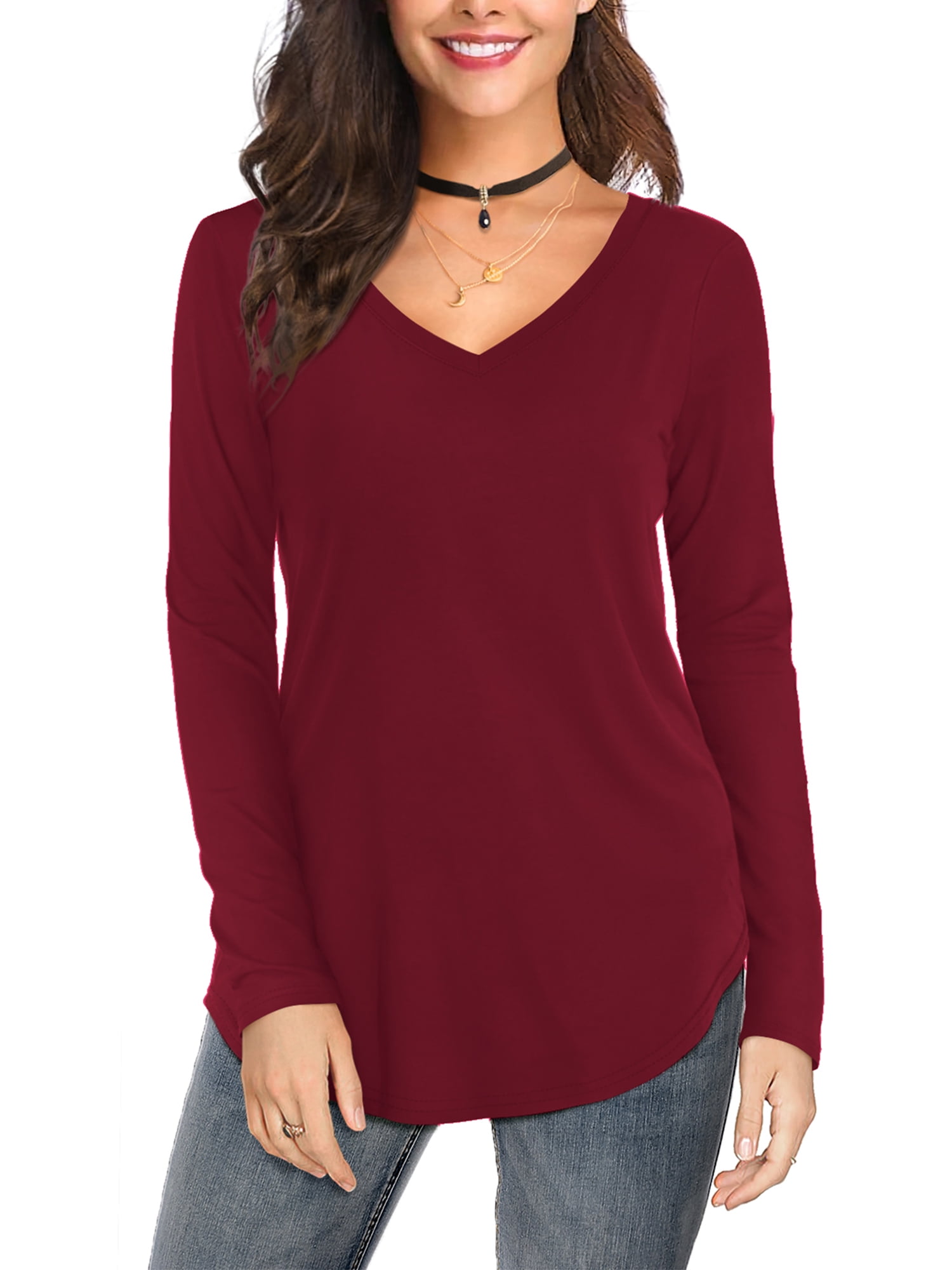 JYLFC Womens V-Neck T-Shirts Long Sleeve Tops Casual Basic Shirts ...