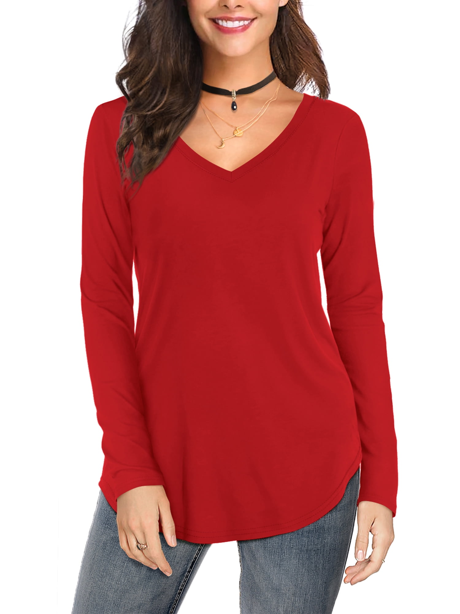 JYLFC Womens V-Neck T-Shirts Long Sleeve Tops Casual Basic Shirts, Red ...