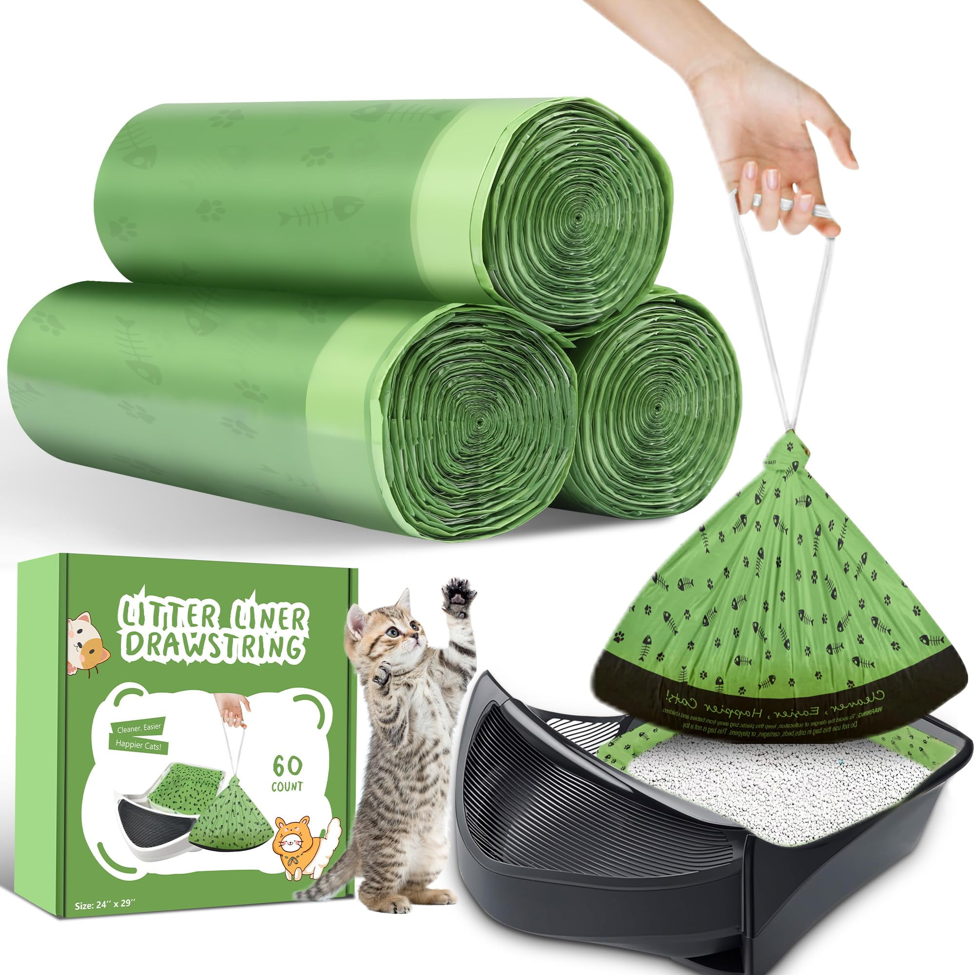 JYNSROU 60 Counts Self Cleaning Litter Box Bags with Drawstring ...