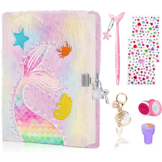 JYPS Mermaid Diary with Lock and Keys,Tie-Dye Fuzzy Journal with 160 ...