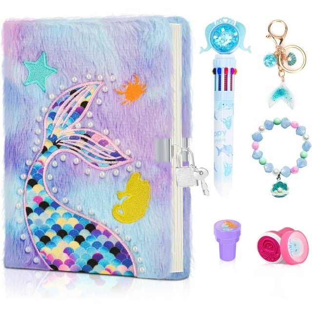 JYPS Pretty Mermaid Diary for Girls Set, Cute Plush Lock and Key ...