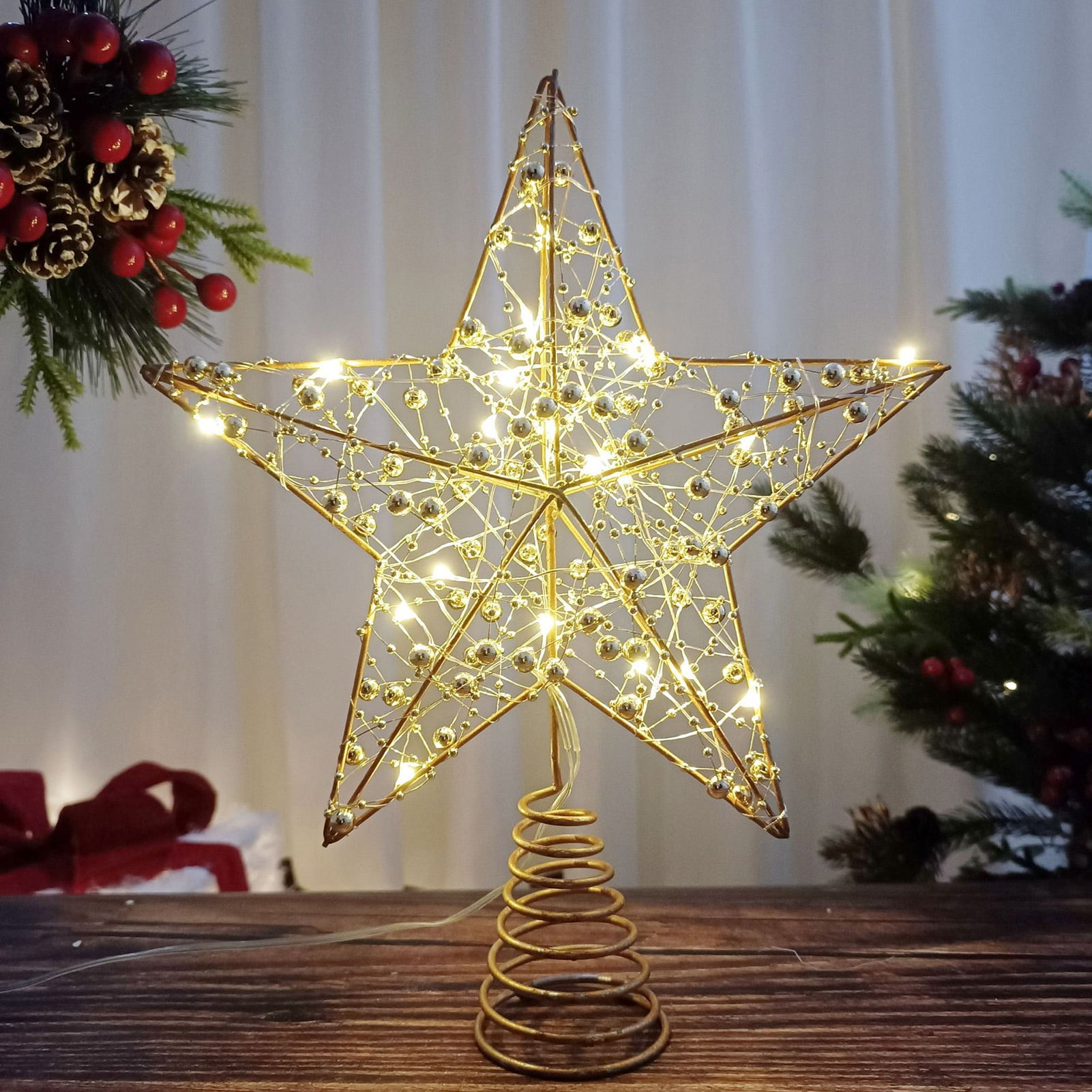 JYS Star Tree Topper with LED Lights, Metal Golden Lighted Tree top ...