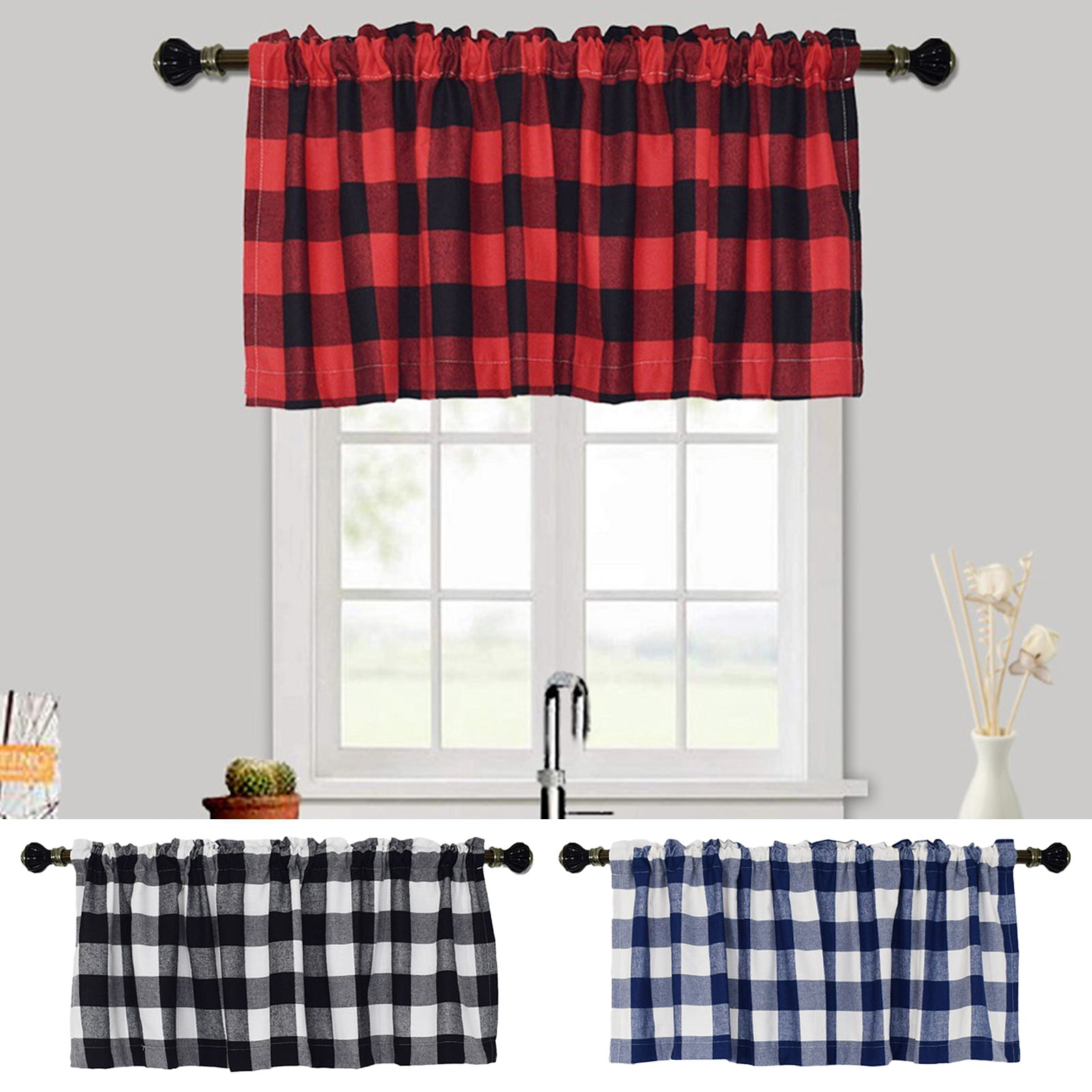 JYS Window Valances Farmhouse Plaid Stylish Soft Silky And Crinkled ...