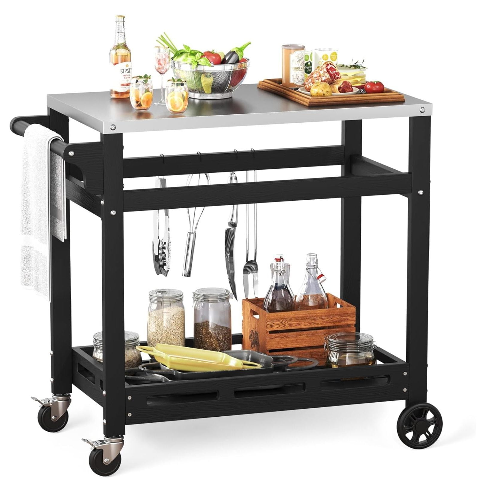 JYUii Outdoor Grill Cart, Pizza Oven Stand with Stainless Steel Top ...