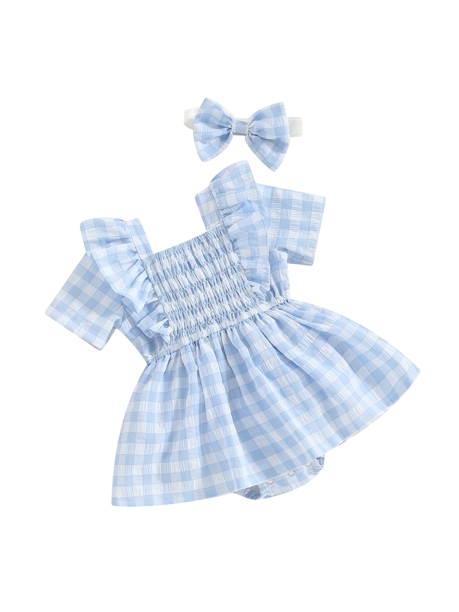 JYYYBF Baby Girls 2 Pcs Set, Square Neck Short Sleeve Frill Trim Plaid ...