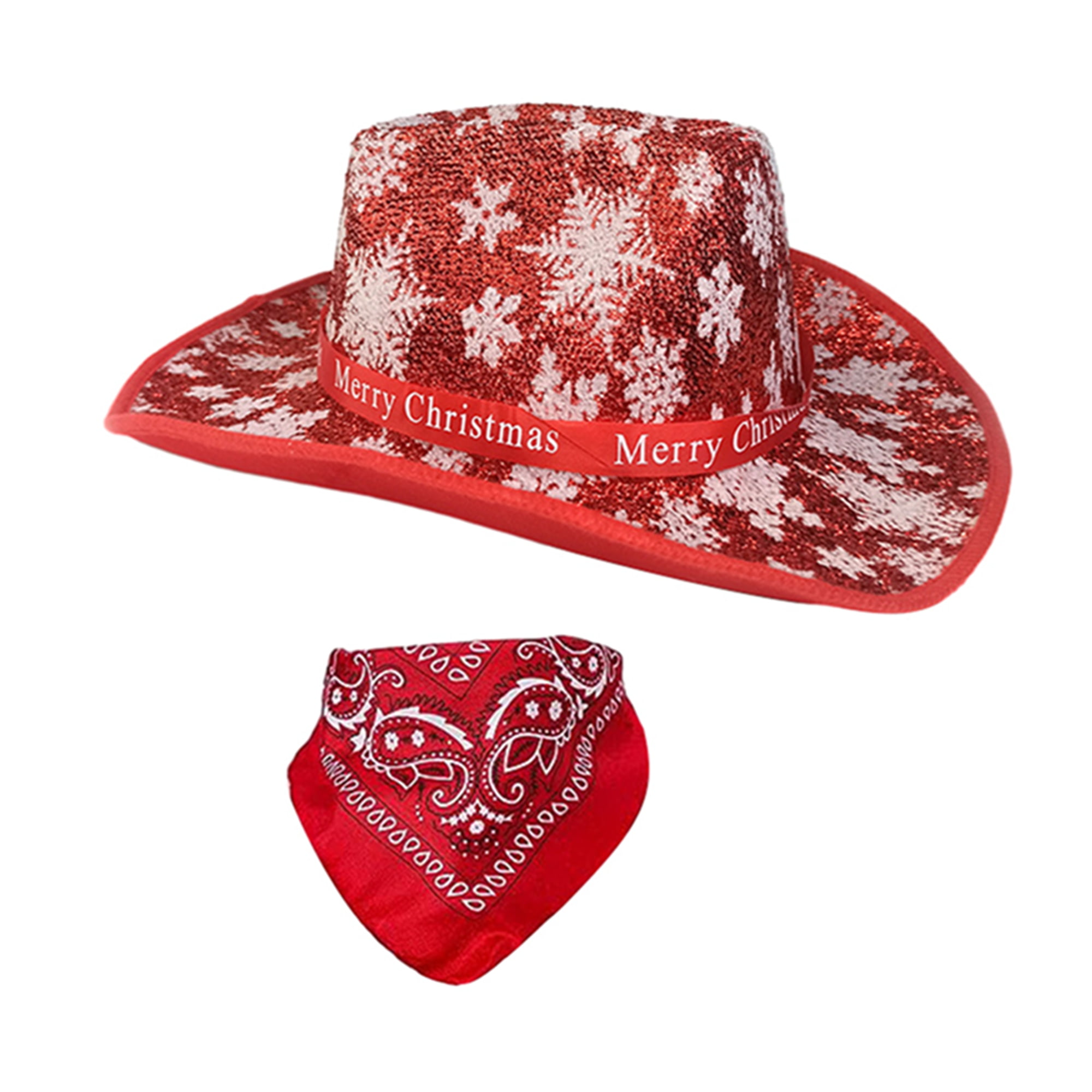 JYYYBF Christmas Cowboy Hat and Scarf Sequined Santa Wide Brim Hat for ...