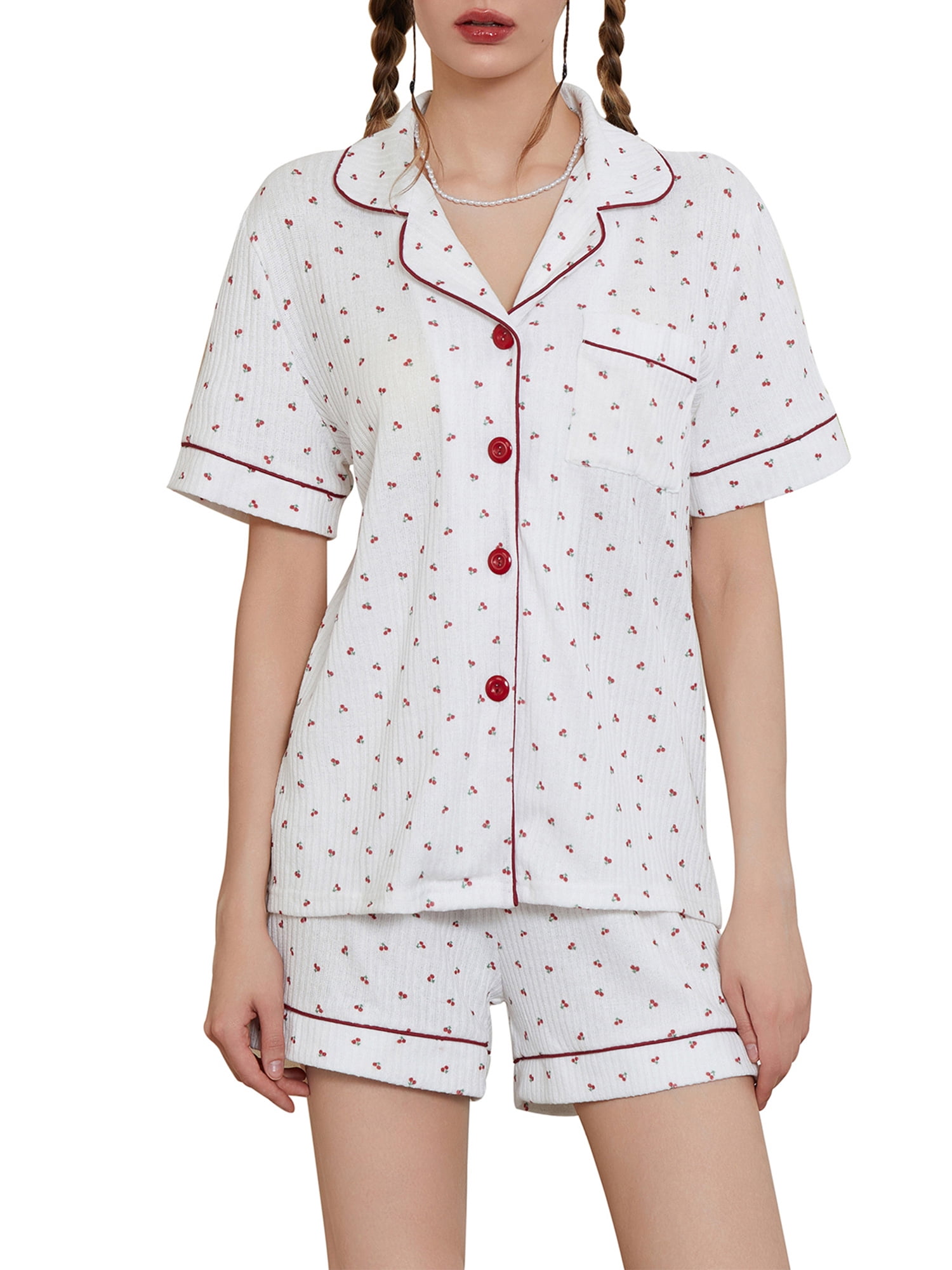 JYYYBF Women’s 2 Pcs Pajamas Set Short Sleeve Cherry Print Button Up ...
