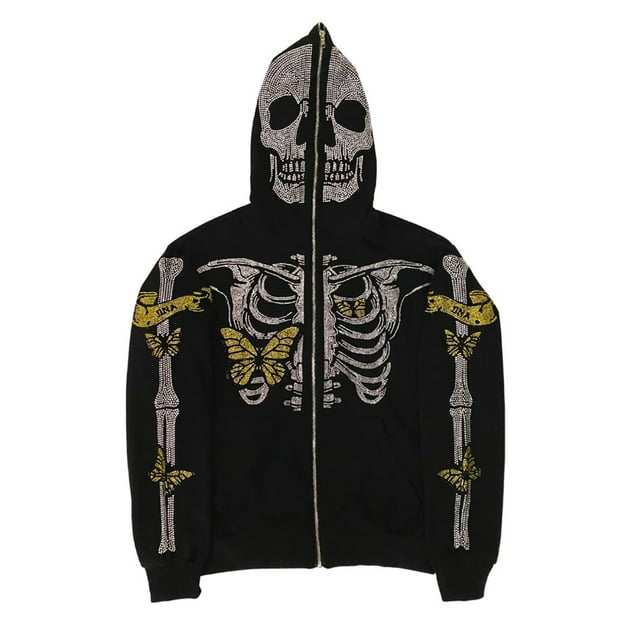 JYYYBF Y2k Skeleton Full Zip Up Hoodies Over Face Women Men Rhinestone Skull Graphic Print ...
