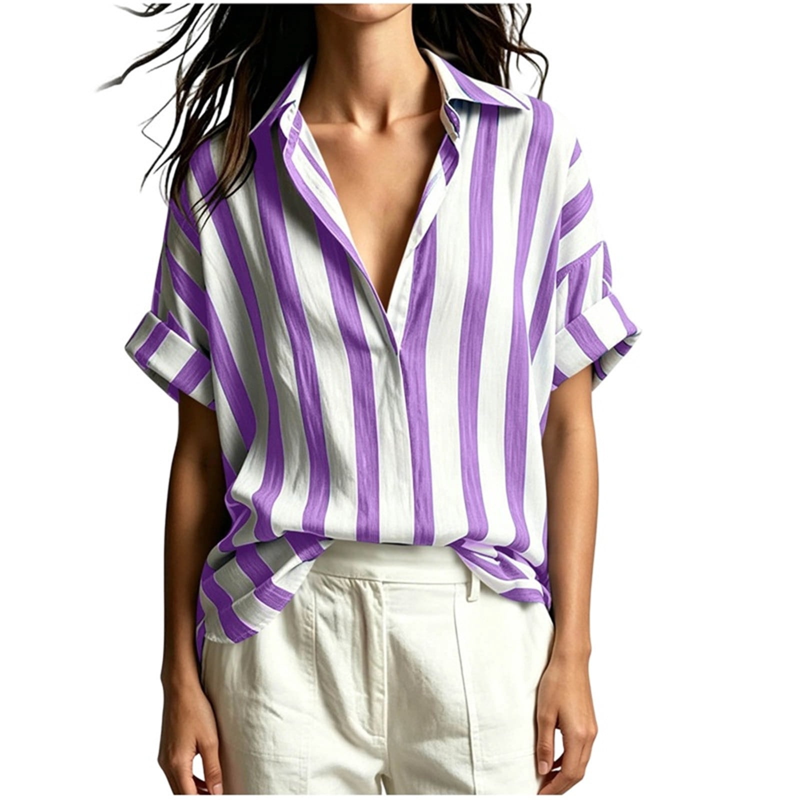 JYnXIANTI Short Sleeve Tops for Women Rolled Hem Collared Shirts Loose ...