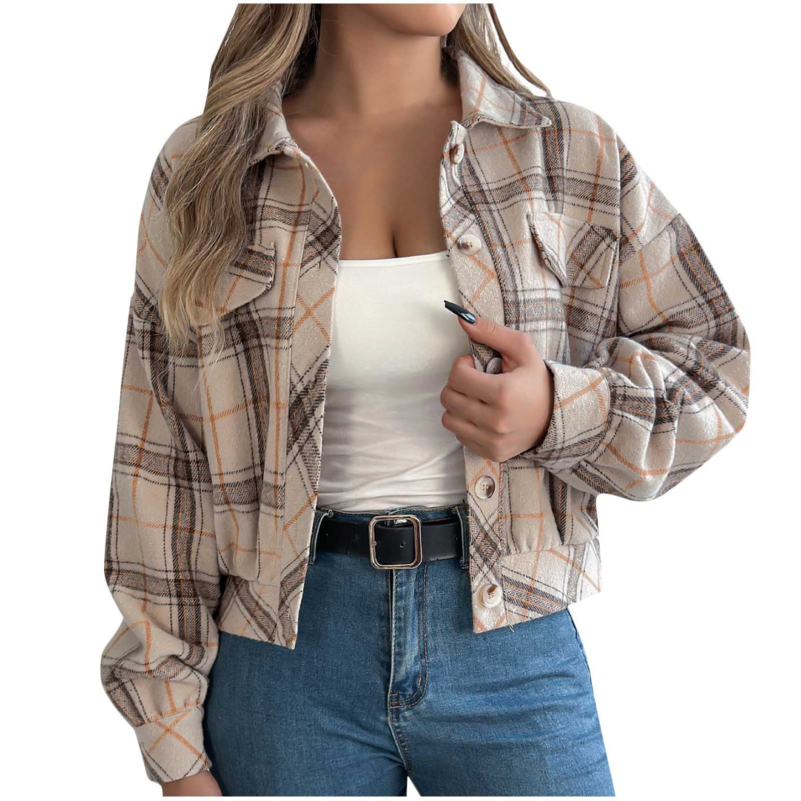 JYnXIANTI Womens Fashion Cropped Jackets Lightweight Fashion Plaid ...