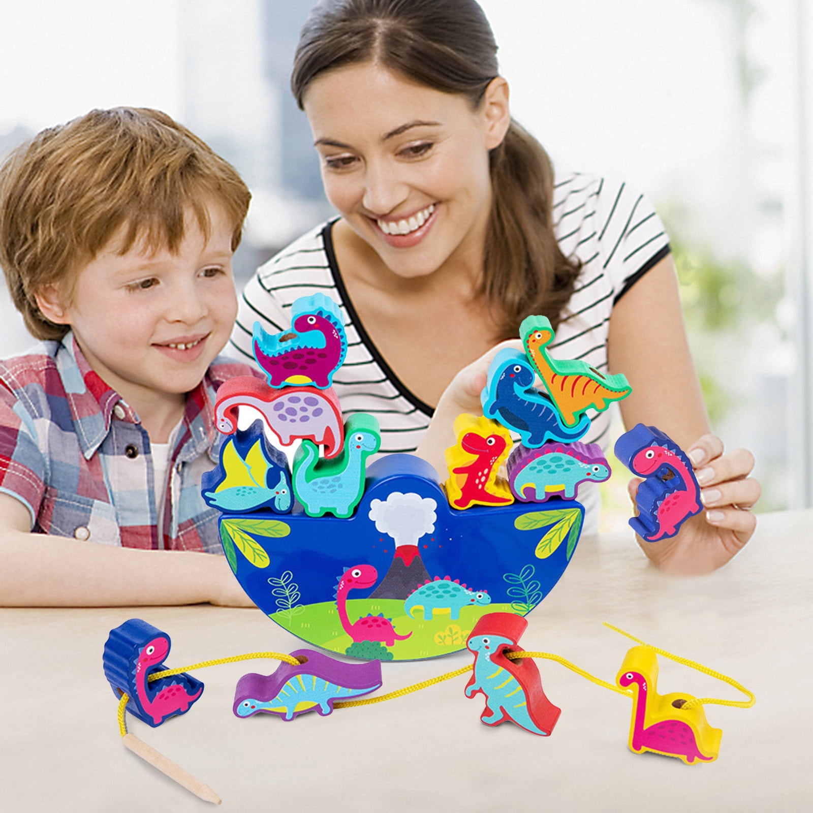 JZCHUNTOY Kids’ Wooden Dinosaur Lacing Beads & Balancing Blocks ...