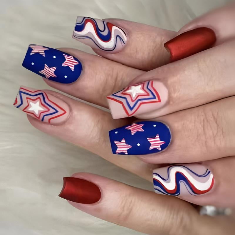 JZROCKER 24 Pcs Independence Day Acrylic Nails Star Full Covers False ...