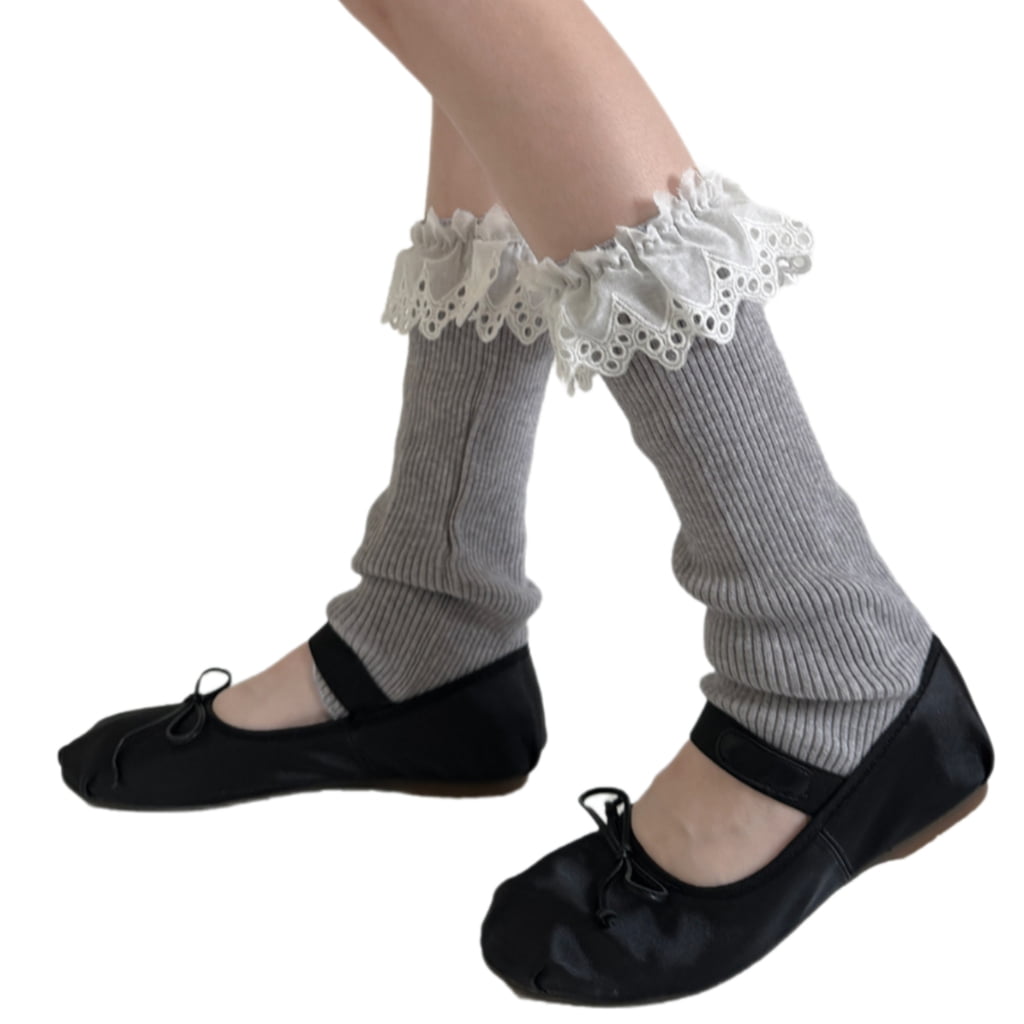 JZROCKER Aesthetic Women Ribbed Knit Leg Warmer Ruffled Lace Trim Boot ...