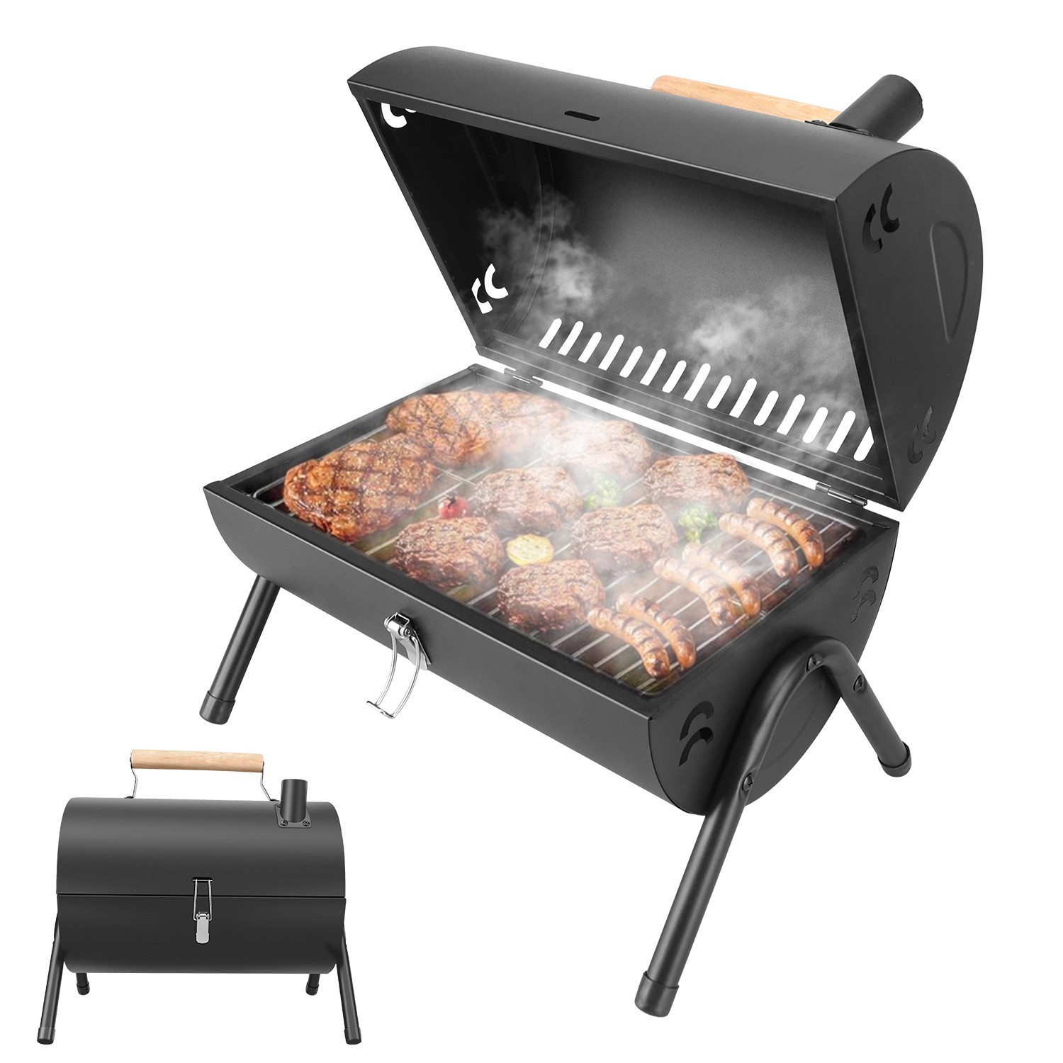 JZWJY Portable Charcoal Grill with Thermometer, Small Tabletop Barbecue ...