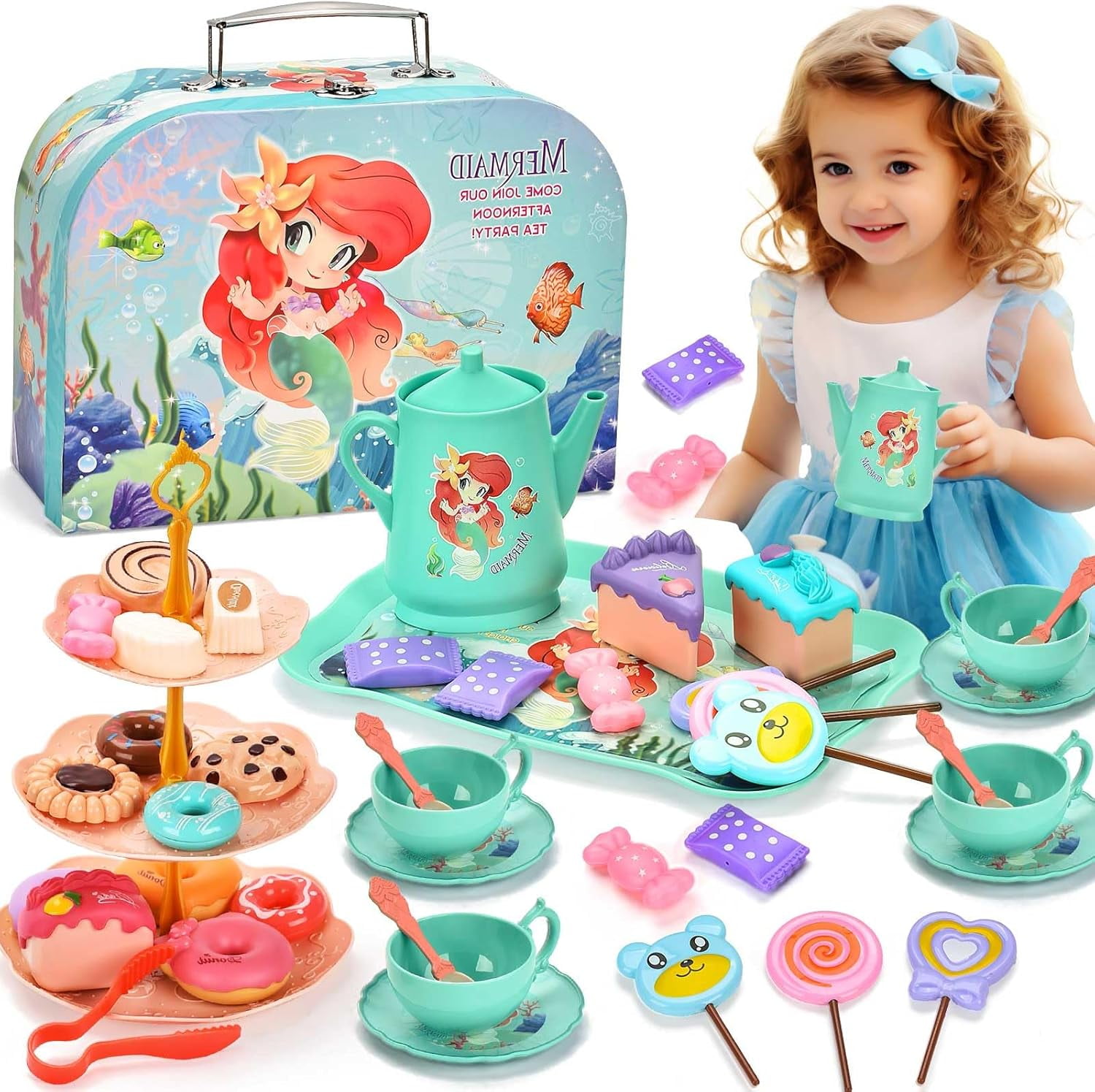 Jaawind Mermaid Tea Party Set for Kids, Kitchen Pretend Play Toys for ...