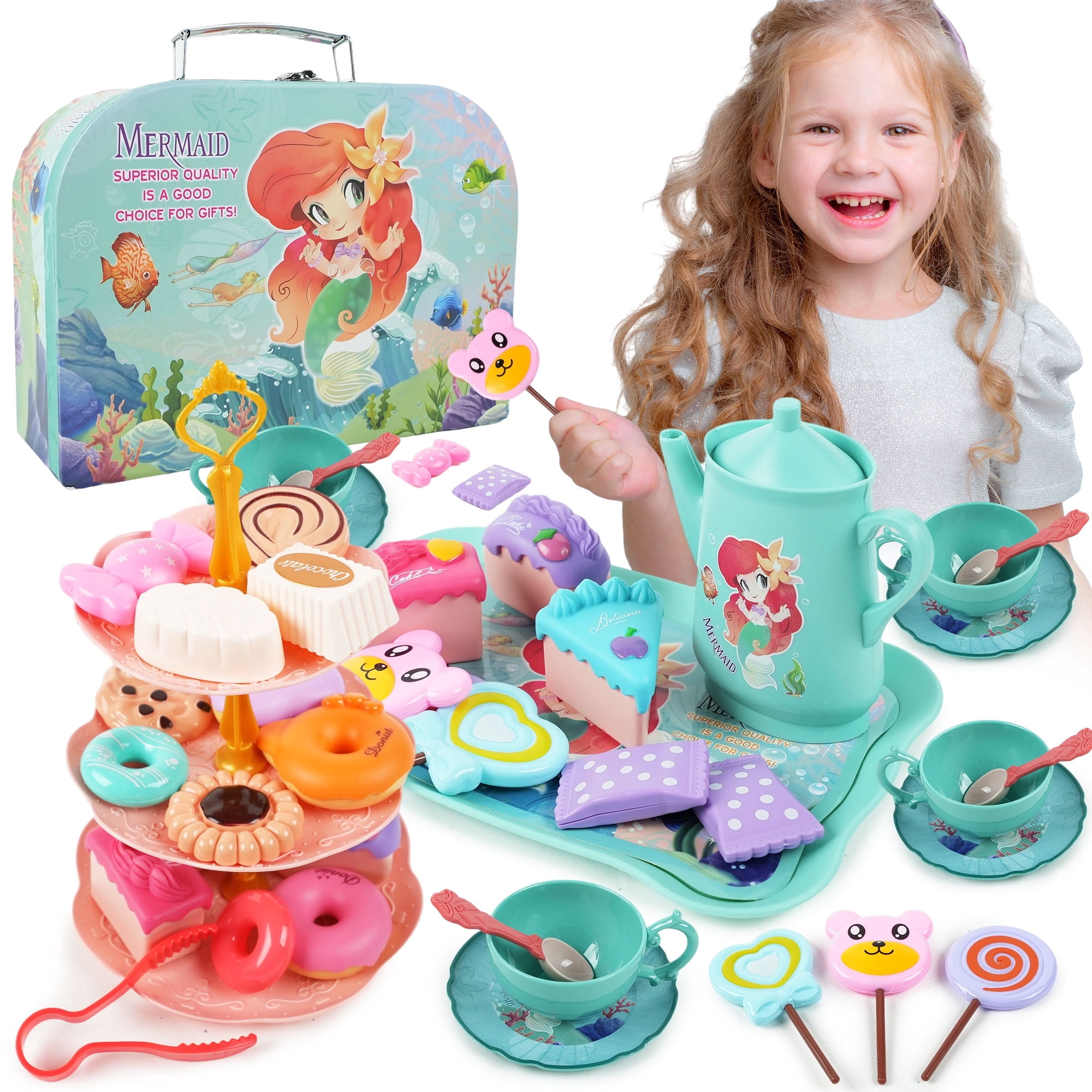 Jaawind Mermaid Tea Party Set for Kids, Kitchen Pretend Play Toys for ...