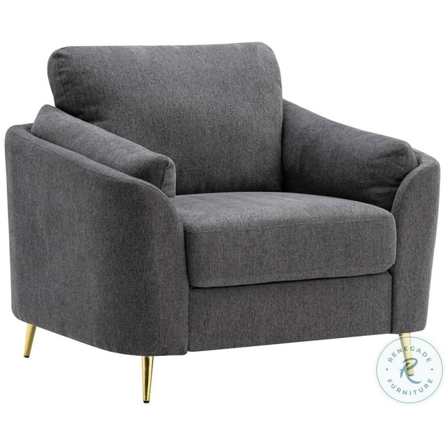 Jace 35 Inch Accent Chair, Dark Gray Polyester, Gold Metal Legs, Pillow ...