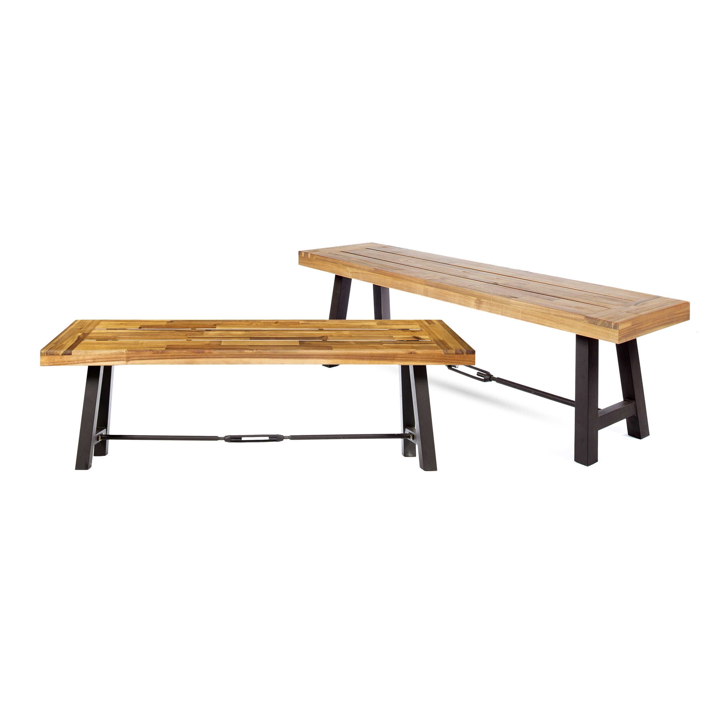 Jace Acacia Wood Outdoor Dining Benches, Set of 2, Teak and Rustic ...