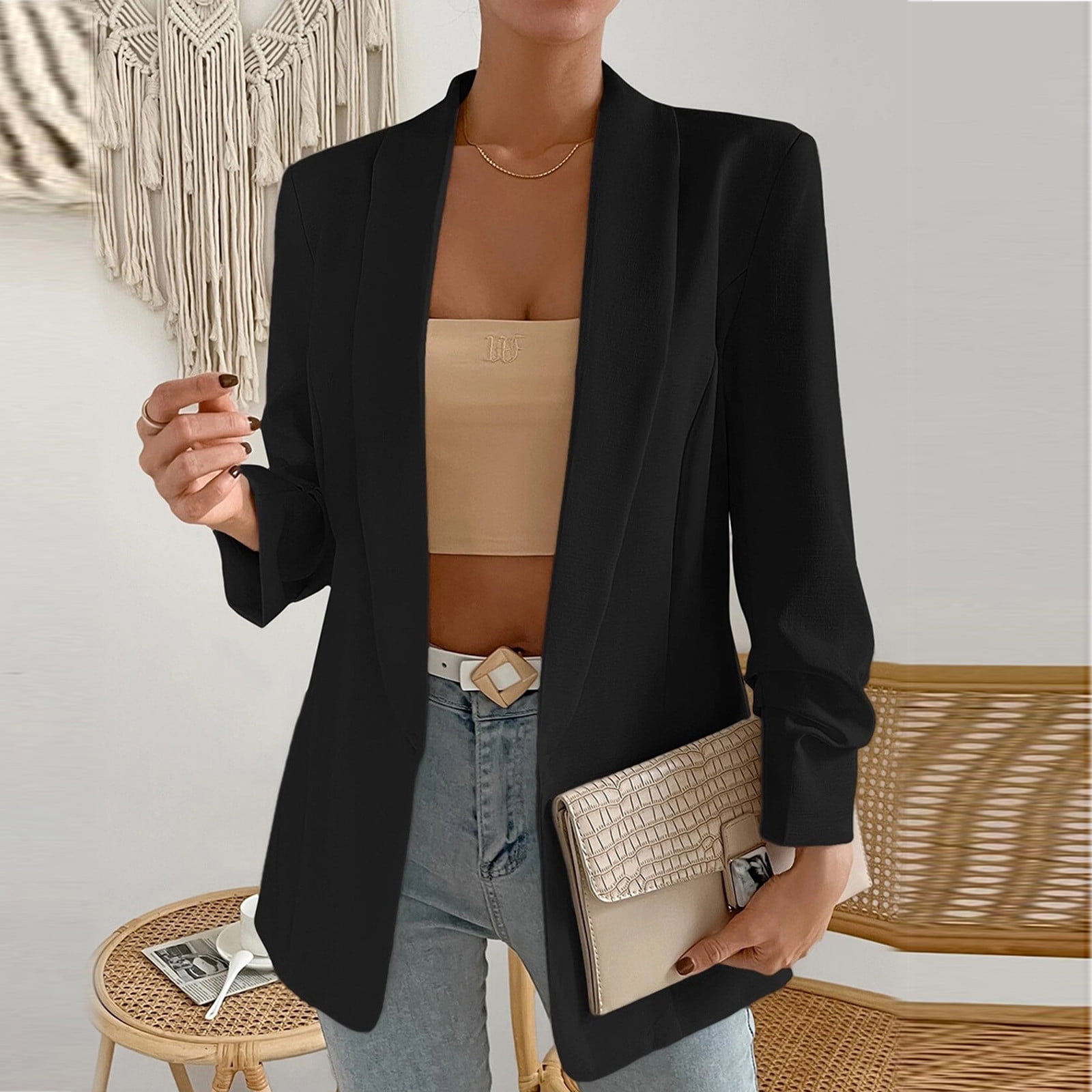 Jacenvly 2024 Blazers for Women Lapels Long Sleeve Mid-Length Office ...