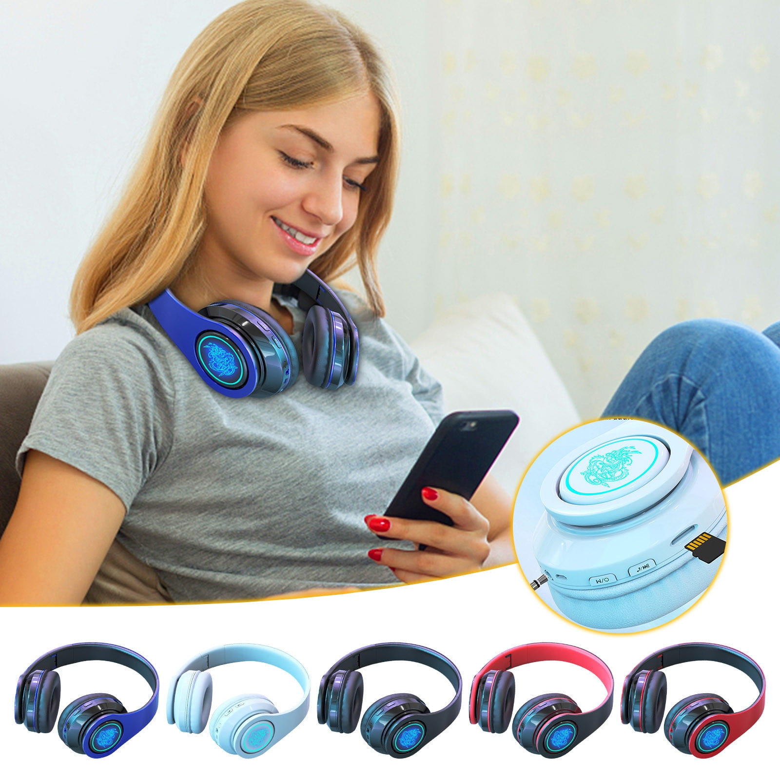 Jacenvly 2024 New Bluetooth Headphones Luminous Bluetooth Earphones ...