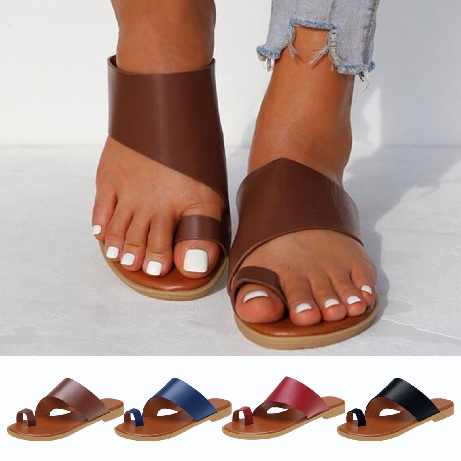 Jacenvly 2024 New Fashion Flat Thong Toe Wide Fit Sandals Black Sandals ...