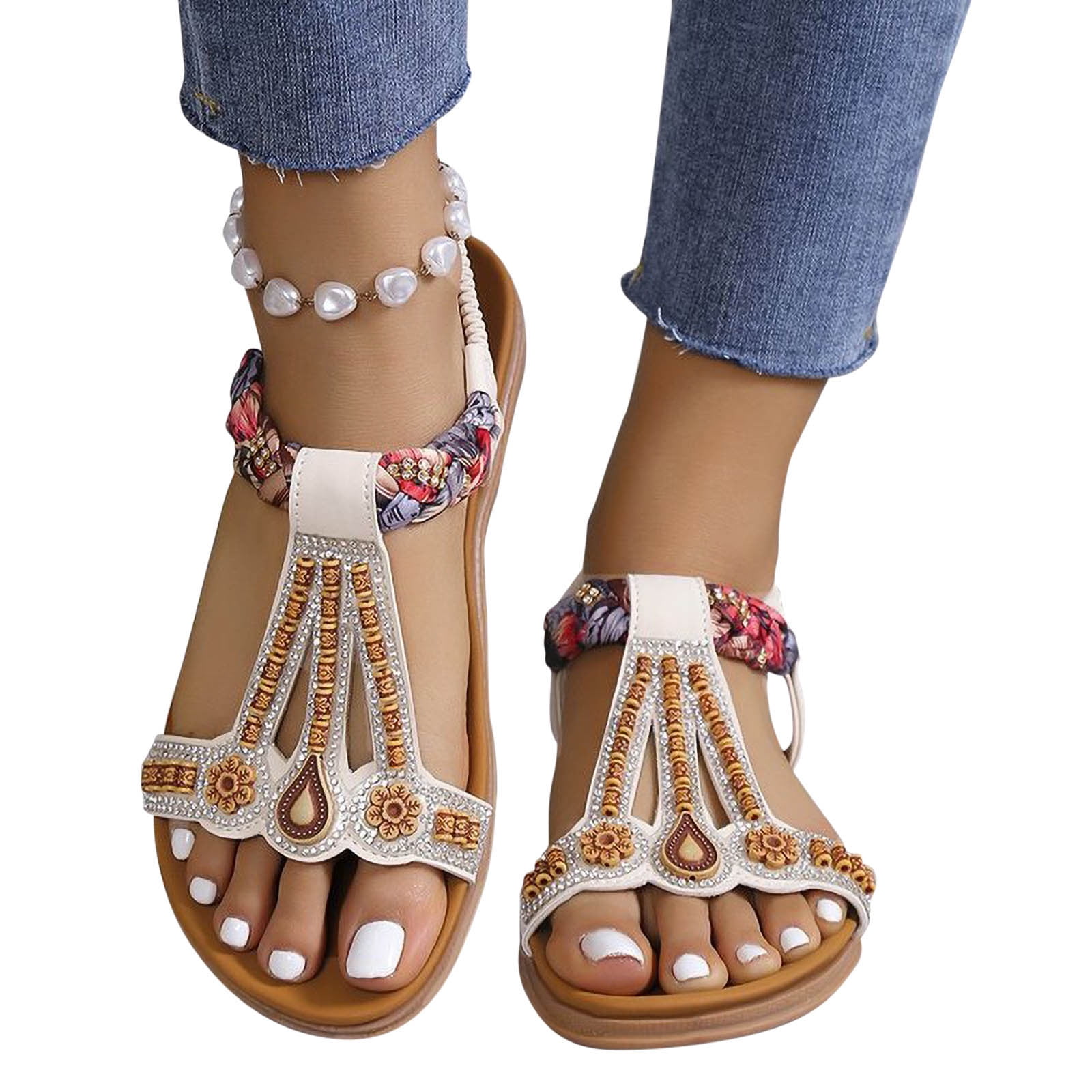 Jacenvly 2024 New Flat Toe Beaded Bohemian Beach Roman Sandals Beige ...