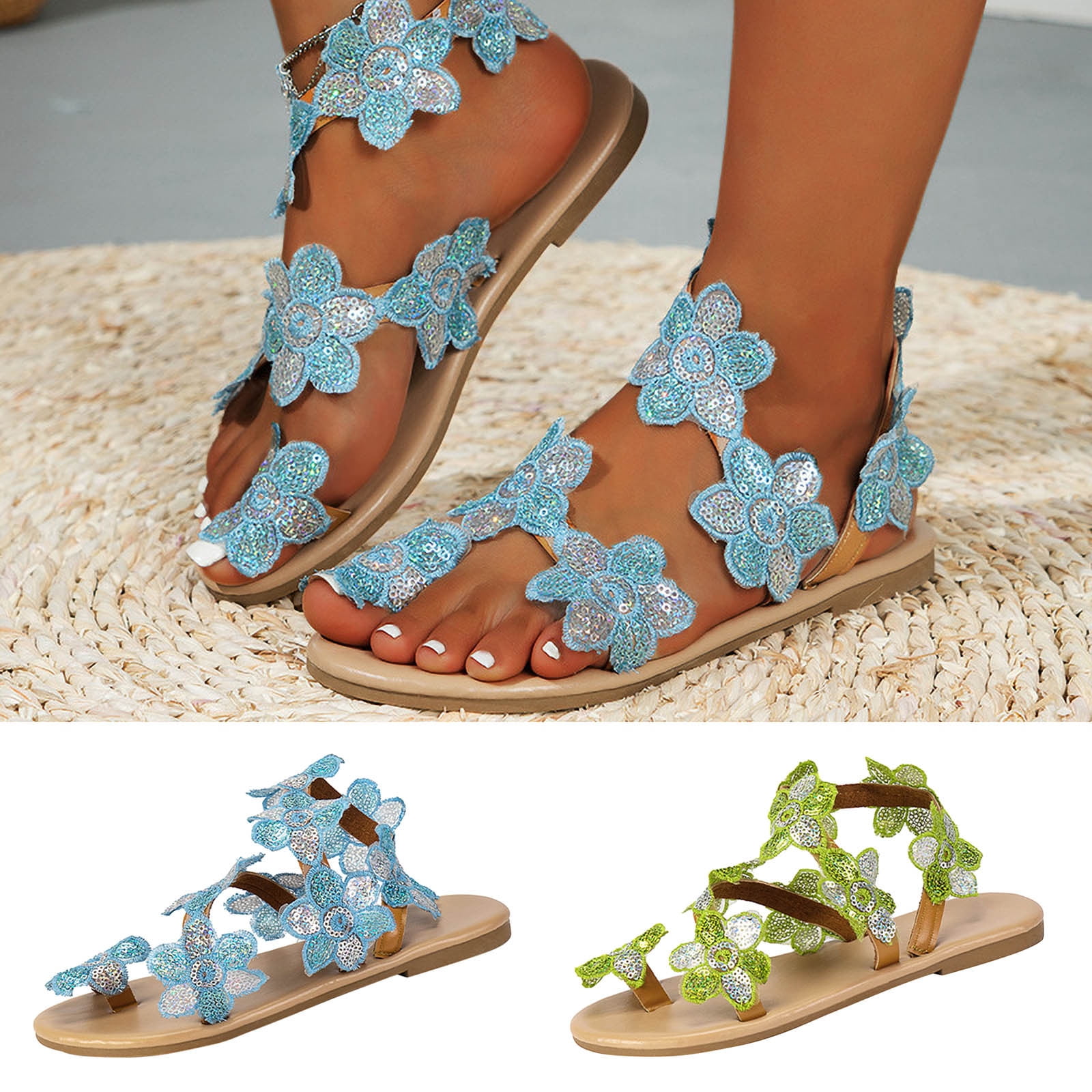 Jacenvly 2024 New Flat Toe Color Sandals Women Wearing Flower Decorated ...