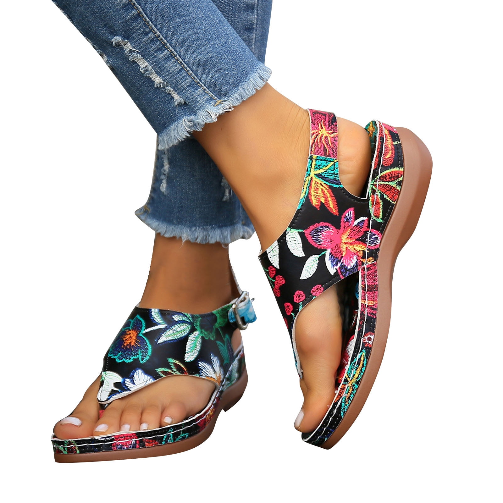 Jacenvly 2024 New Herringbone Lunge Toe Clip Sandals Floral Back Strap ...