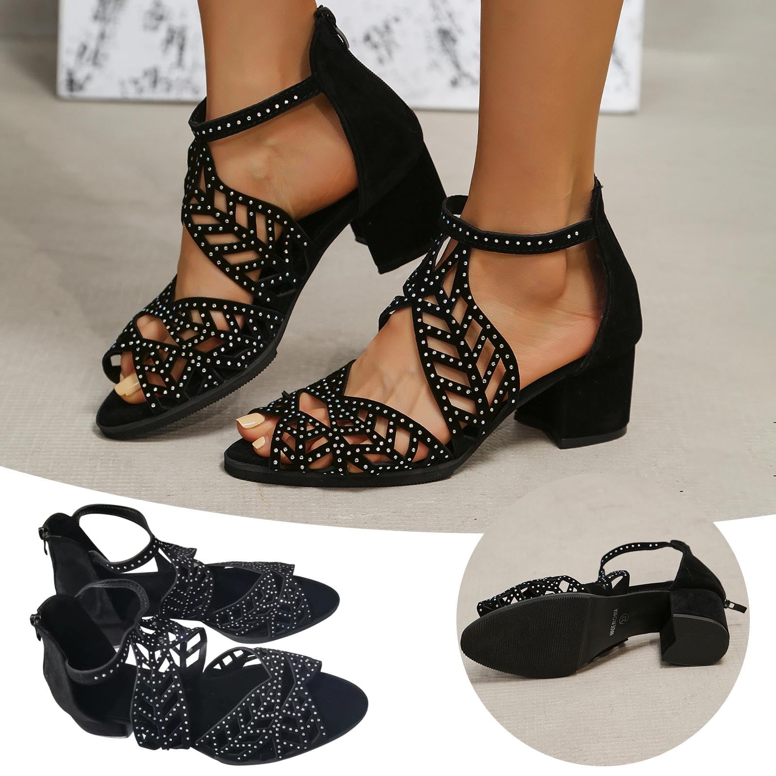 Jacenvly 2024 New Hollow Out Rhinestone Fish Mouth Thick Heeled High ...