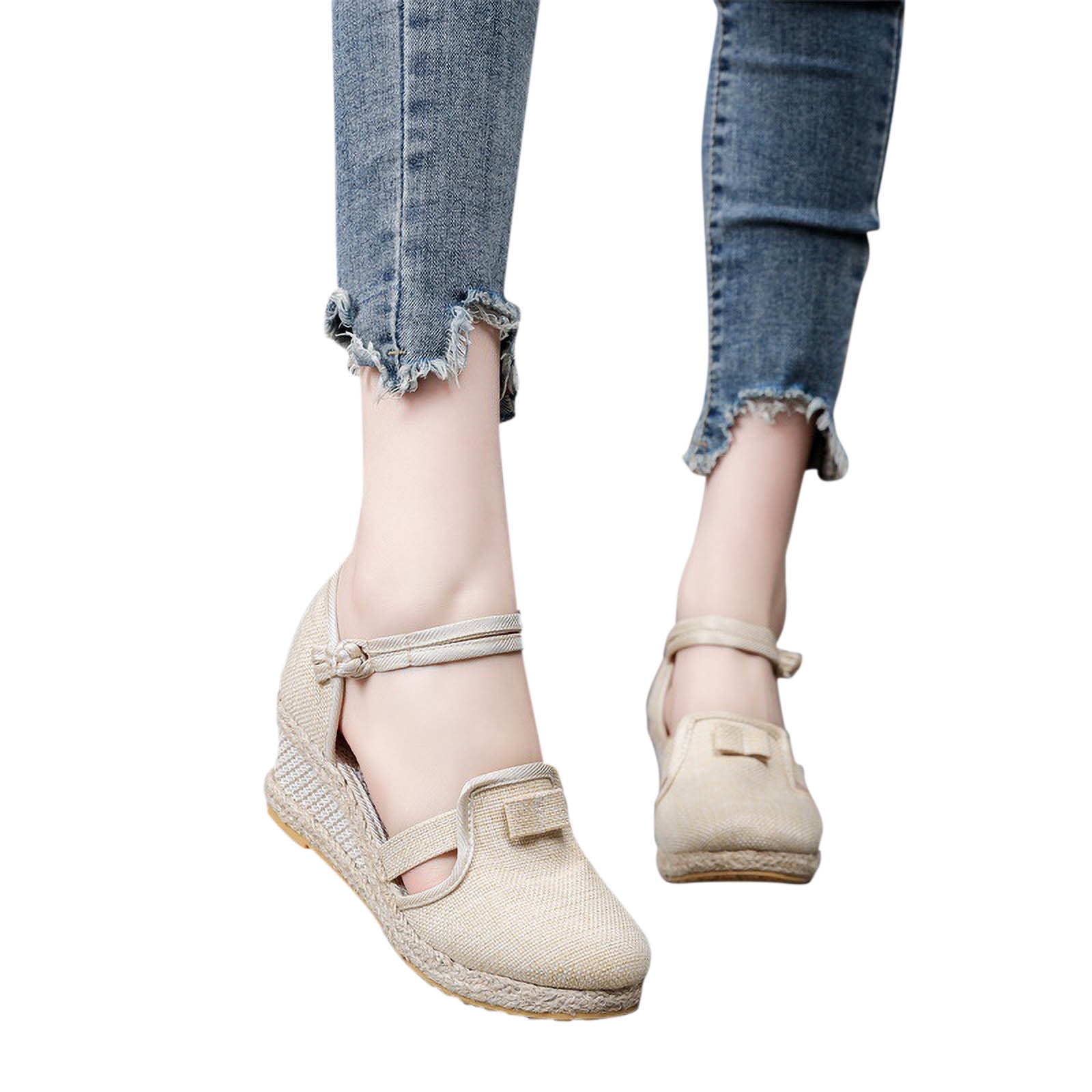 Jacenvly 2024 New Knitted Round Toe Color Block Wedge Sandals Women's ...