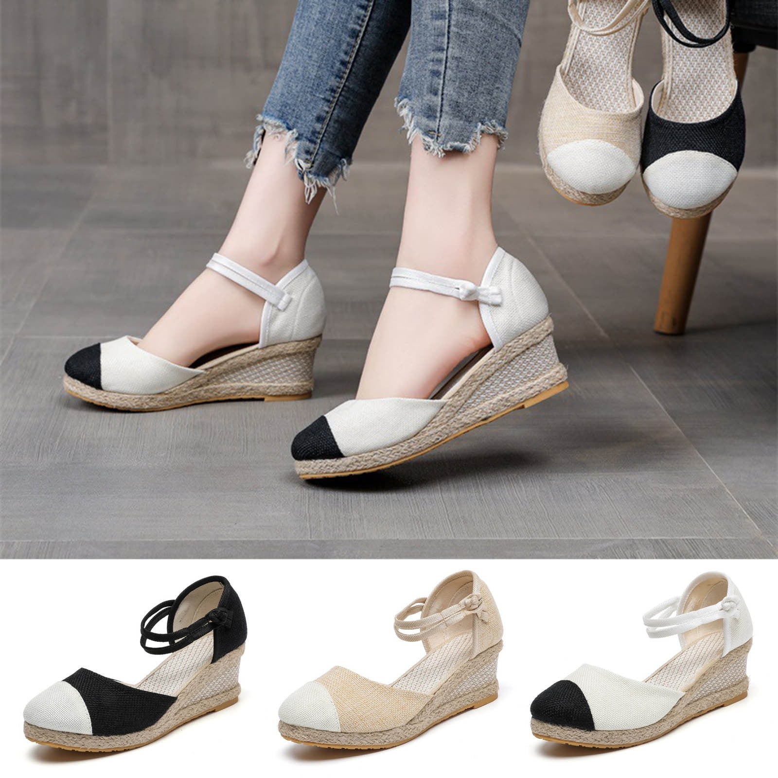 Jacenvly 2024 New Knitted Round Toe Color Block Wedge Sandals Women's ...