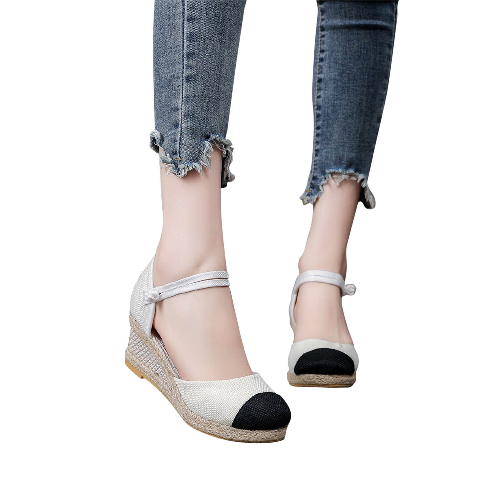 Jacenvly 2024 New Knitted Round Toe Color Block Wedge Sandals Women's ...