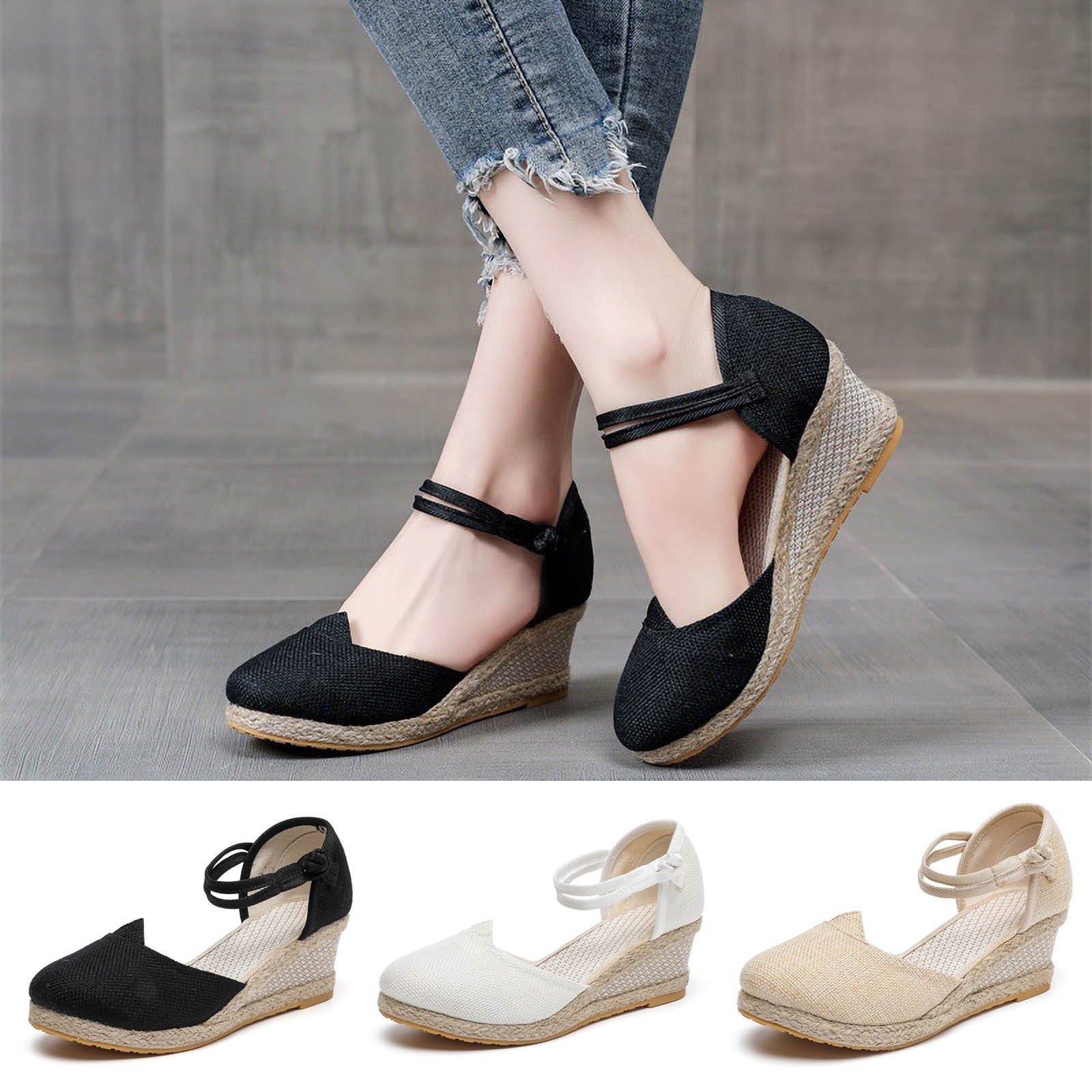 Jacenvly 2024 New Knitted Round Toe Wedge Buckle Sandals Women's High ...