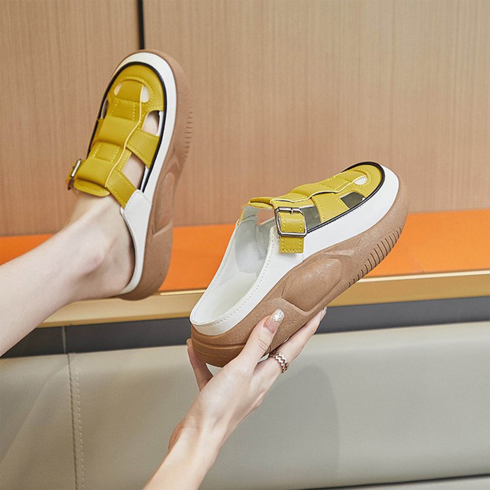 Jacenvly 2024 New Muffin Middle Heel Half Slippers Summer Outdoor ...