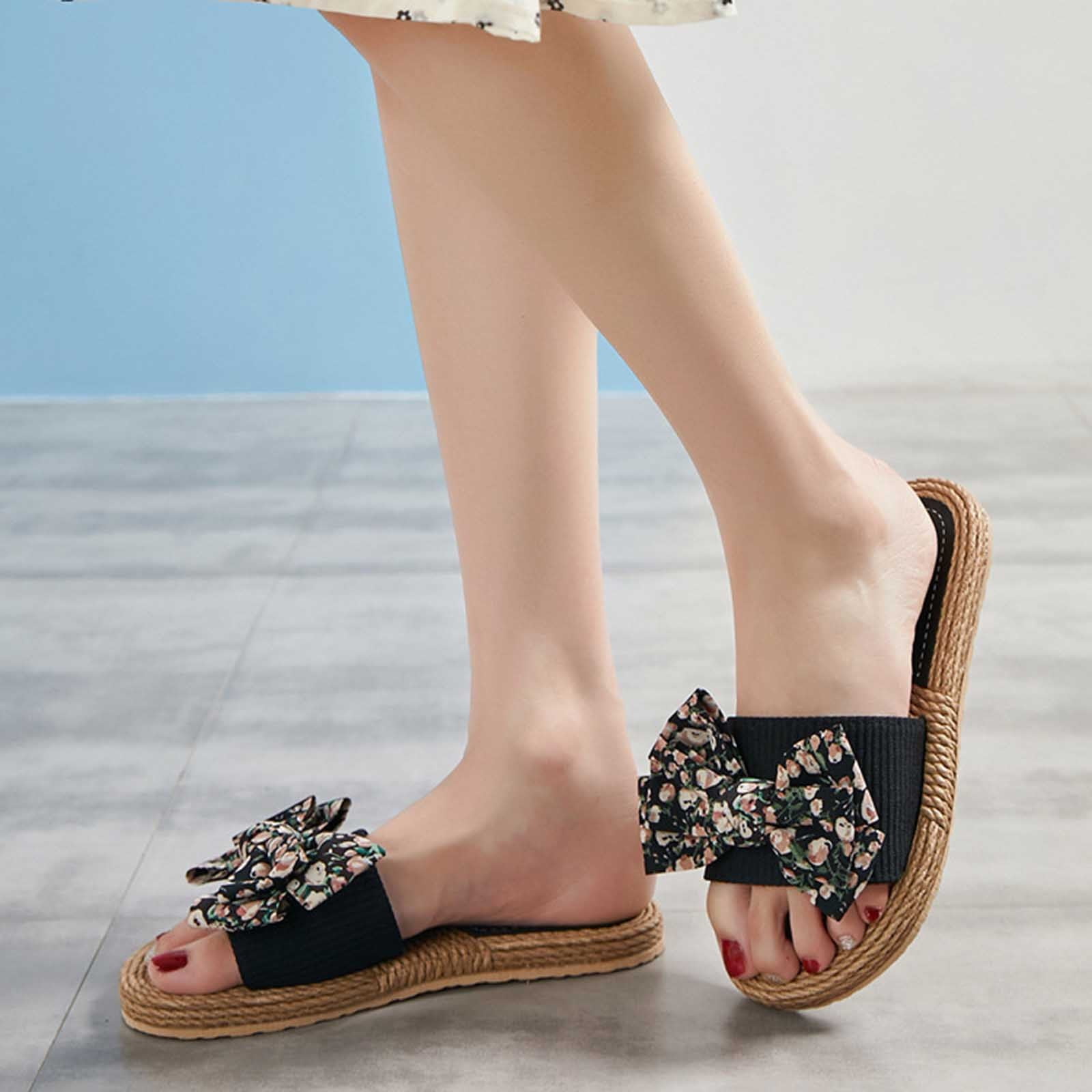 Jacenvly 2024 New New Summer Flip-Flops Linen Floral Bow Flat Sandals ...