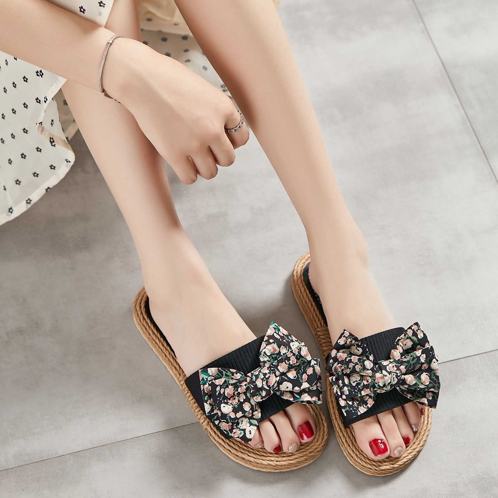 Jacenvly 2024 New New Summer Flip-Flops Linen Floral Bow Flat Sandals ...
