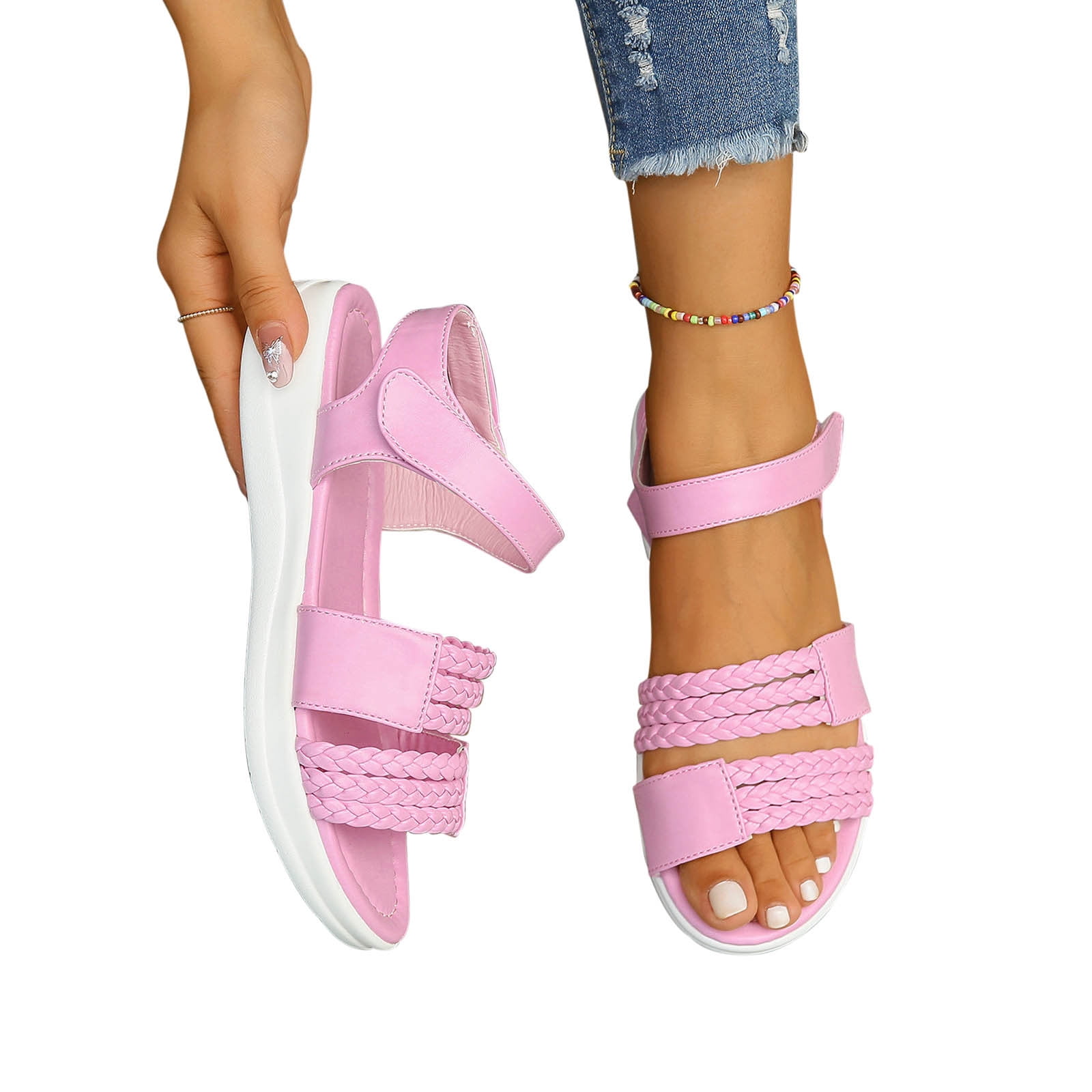 Jacenvly 2024 New Open Toe Adhesive Woven Strap Thick Heel Roman Sports ...