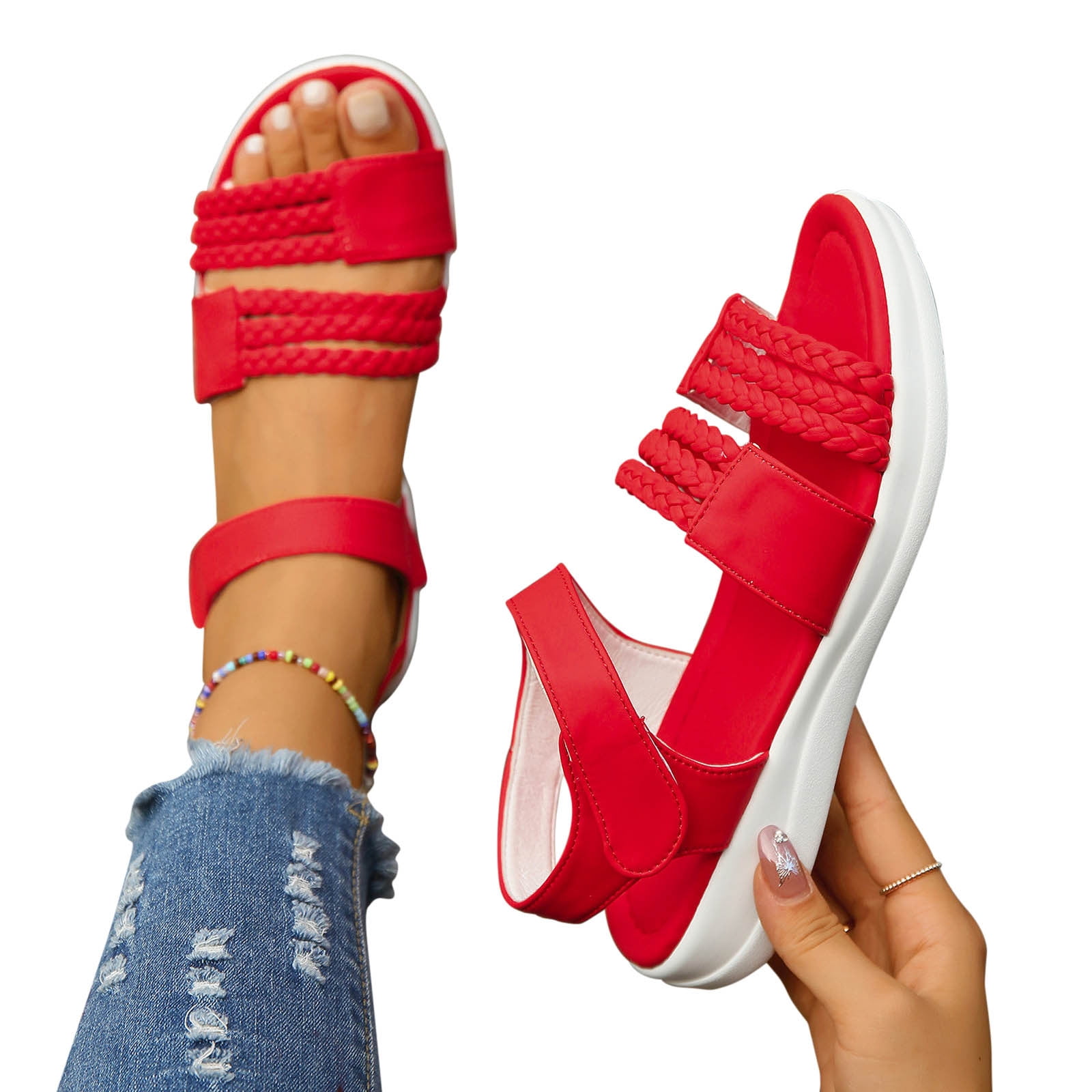 Jacenvly 2024 New Open Toe Adhesive Woven Strap Thick Heel Roman Sports ...