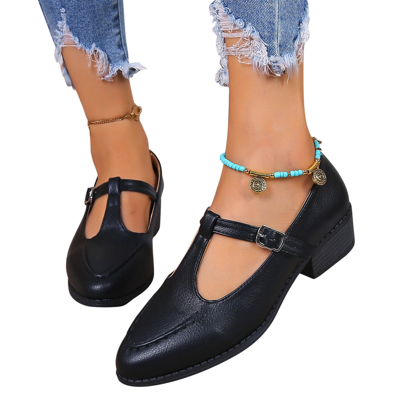 Jacenvly 2024 New Pointed T-Shaped Retro Mary Shoes Women Low-Heeled ...