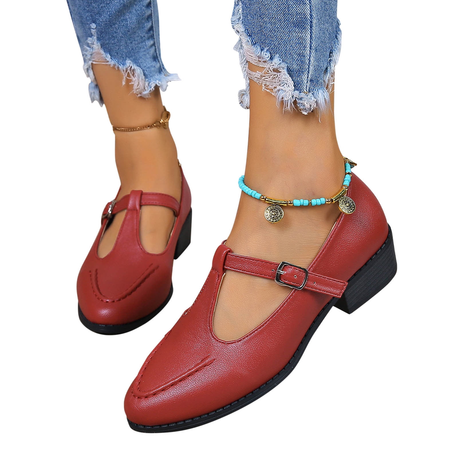 Jacenvly 2024 New Pointed T-Shaped Retro Mary Shoes Women Low-Heeled ...