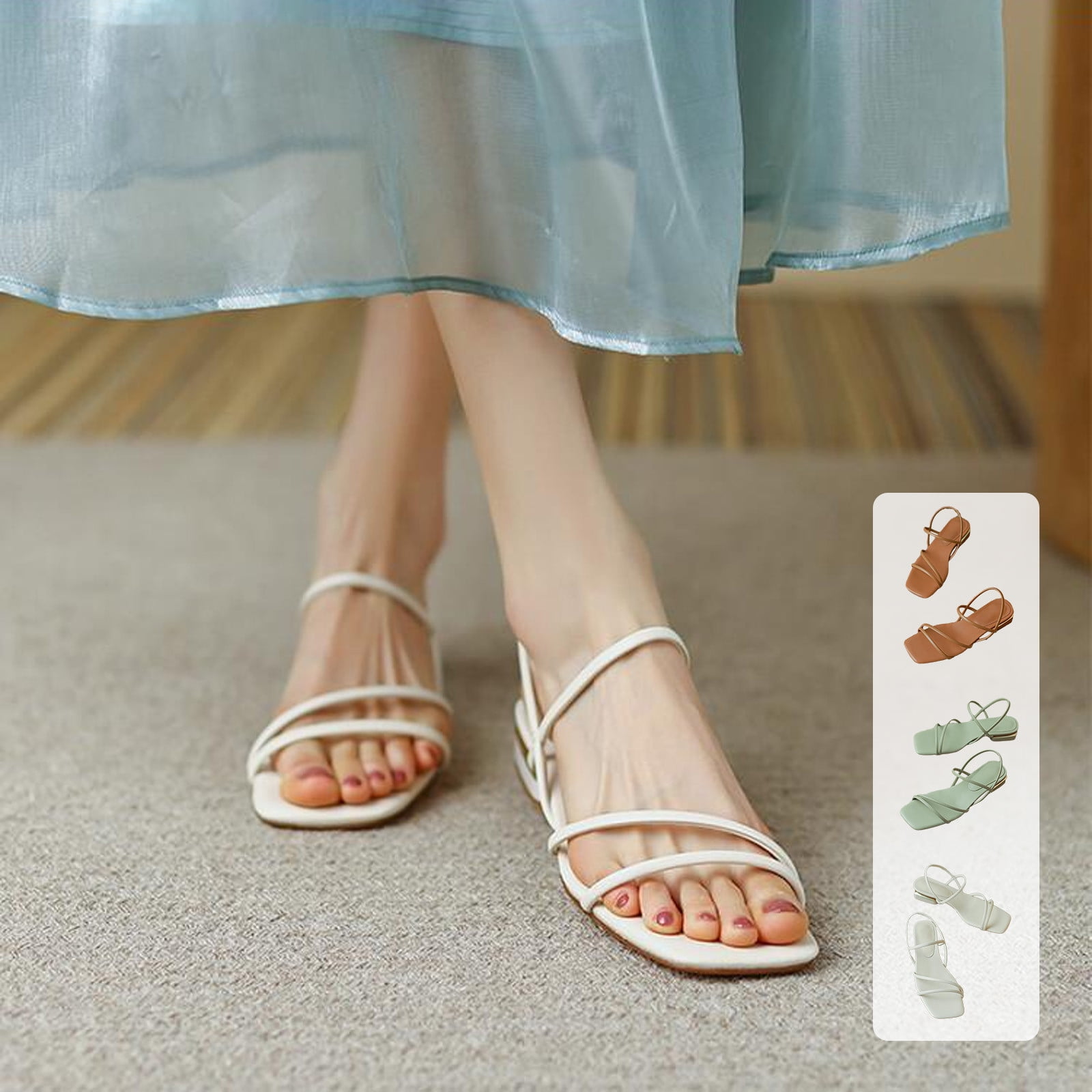 Jacenvly 2024 New Rectangular Toe Sandals Women's Strappy Open Toe Low ...