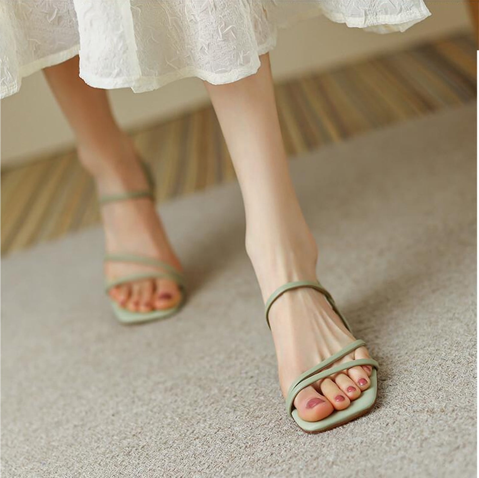 Jacenvly 2024 New Rectangular Toe Sandals Women's Strappy Open Toe Low ...