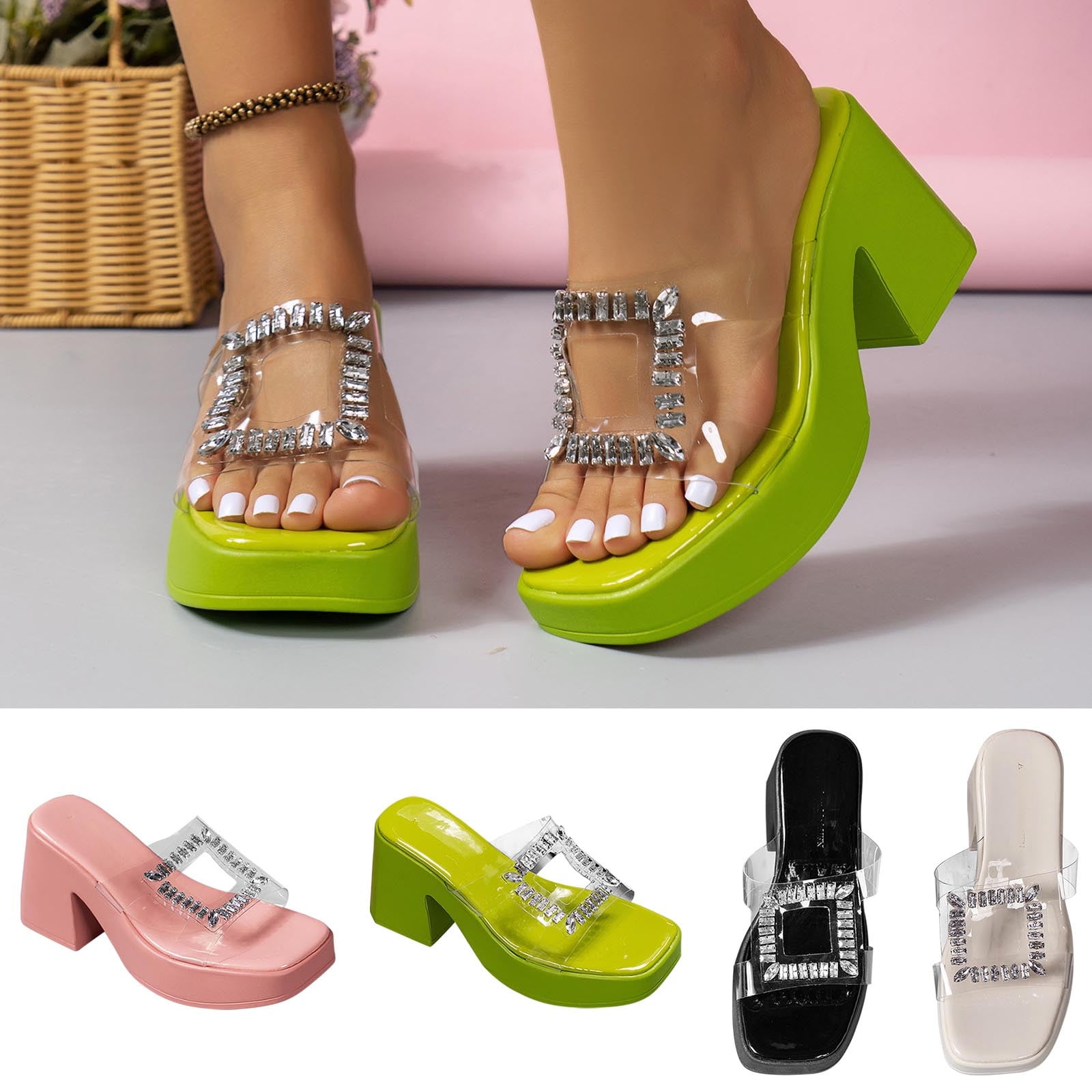 Jacenvly 2024 New Rhinestone Transparent One-Line Platform Thick-Soled ...