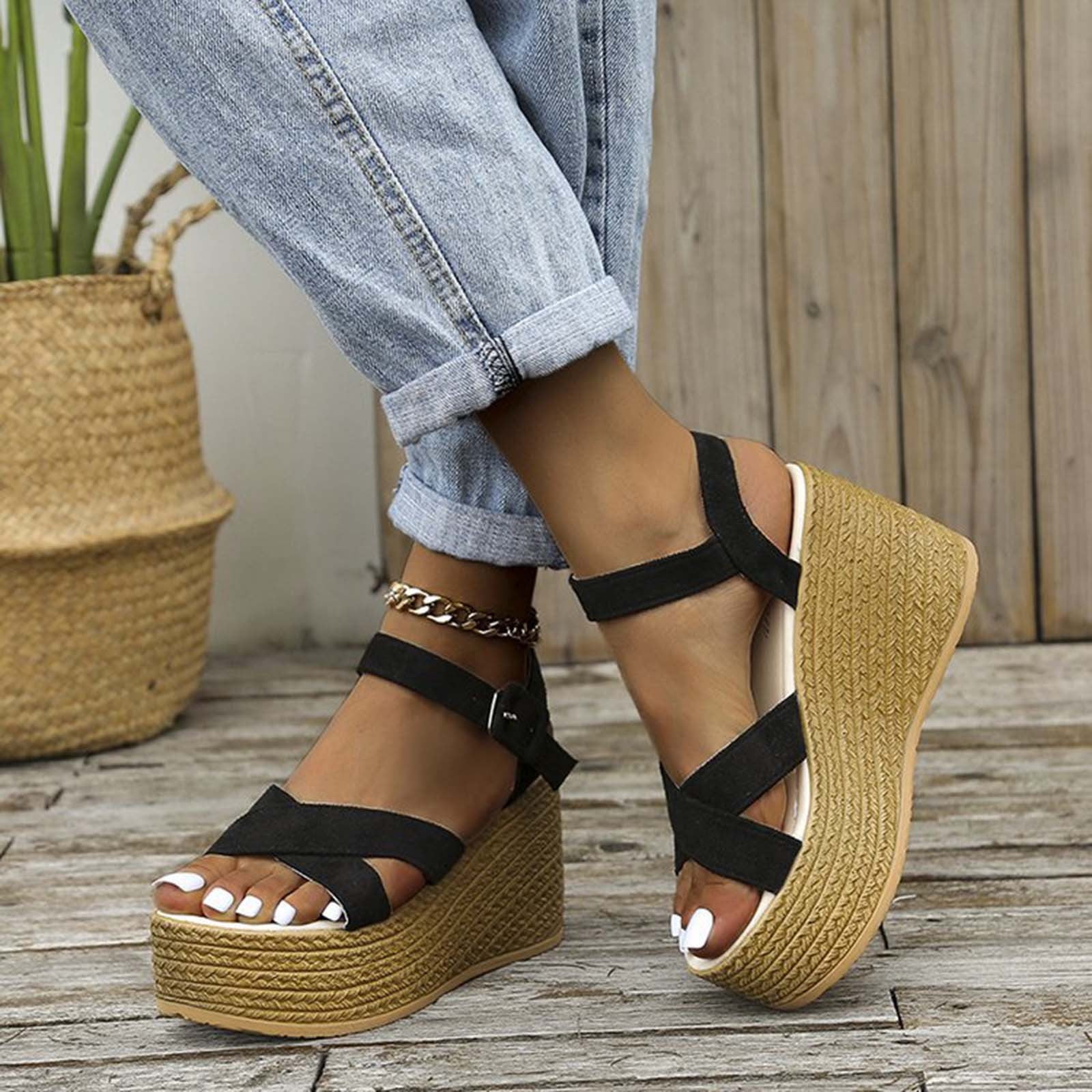 Jacenvly 2024 New Summer Plus-Size New Muffin Platform Wedge Suede Fish ...