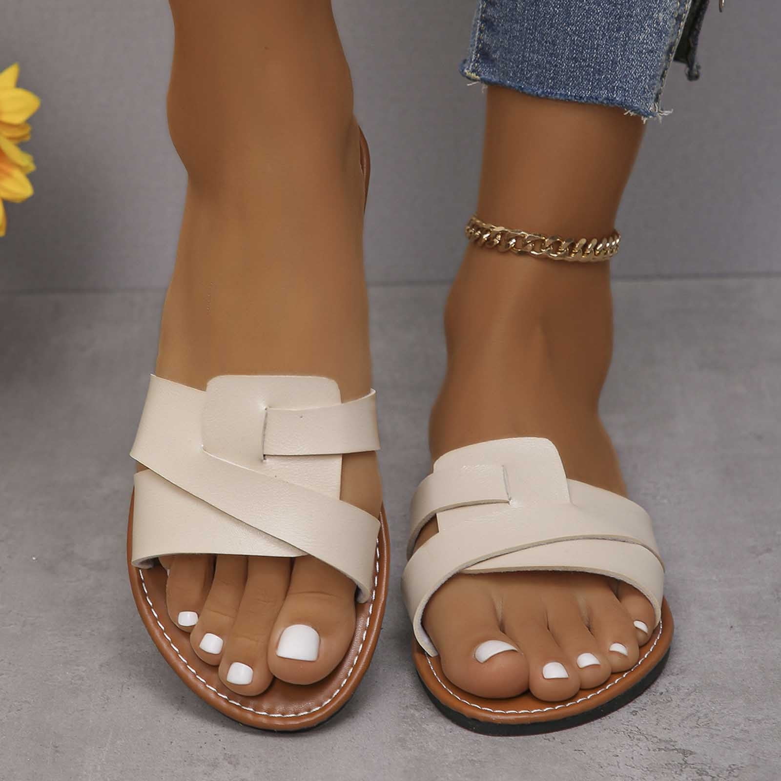 Jacenvly 2024 New Summer Plus-Size Solid Flat Flat with Open-Toed Beach ...