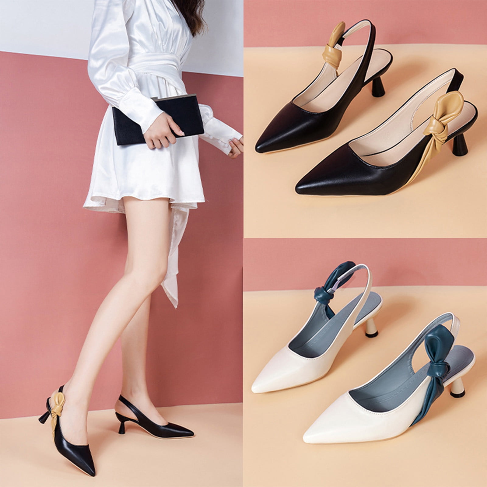 Jacenvly 2024 New Summer Women's Shoes Bow Fine Heel Color Blocking ...