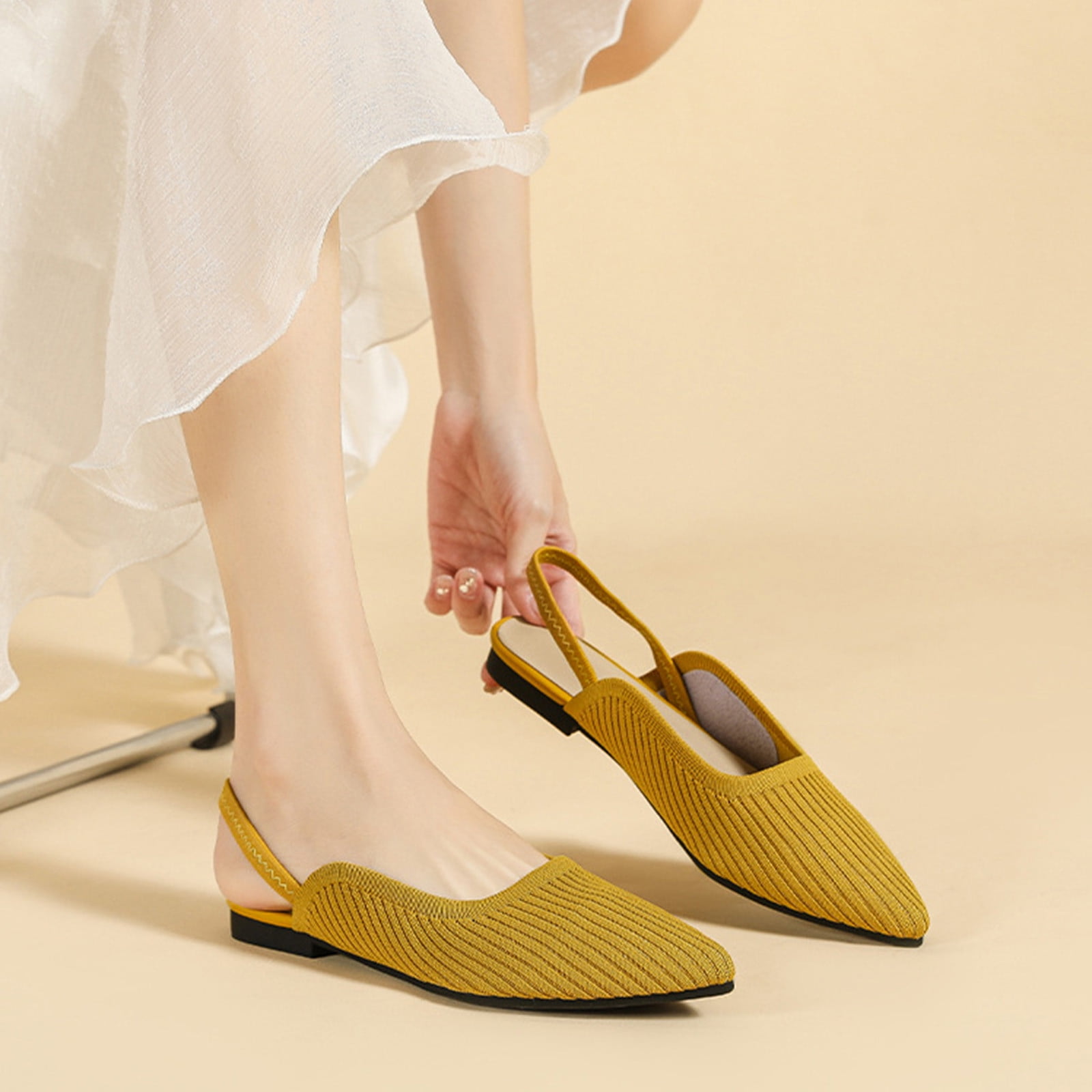 Jacenvly 2024 New Women Knitting Fabric Flats Slingbacks Comfort ...