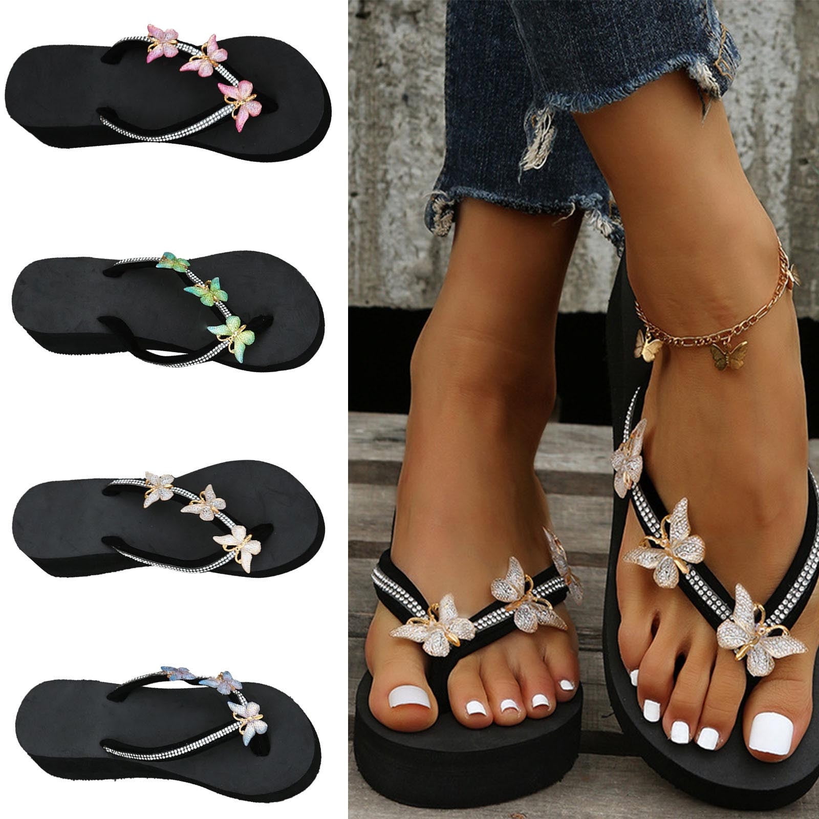 Jacenvly 2024 New Women Rhinestone Slope Heel Open Toe Bow-Knot ...