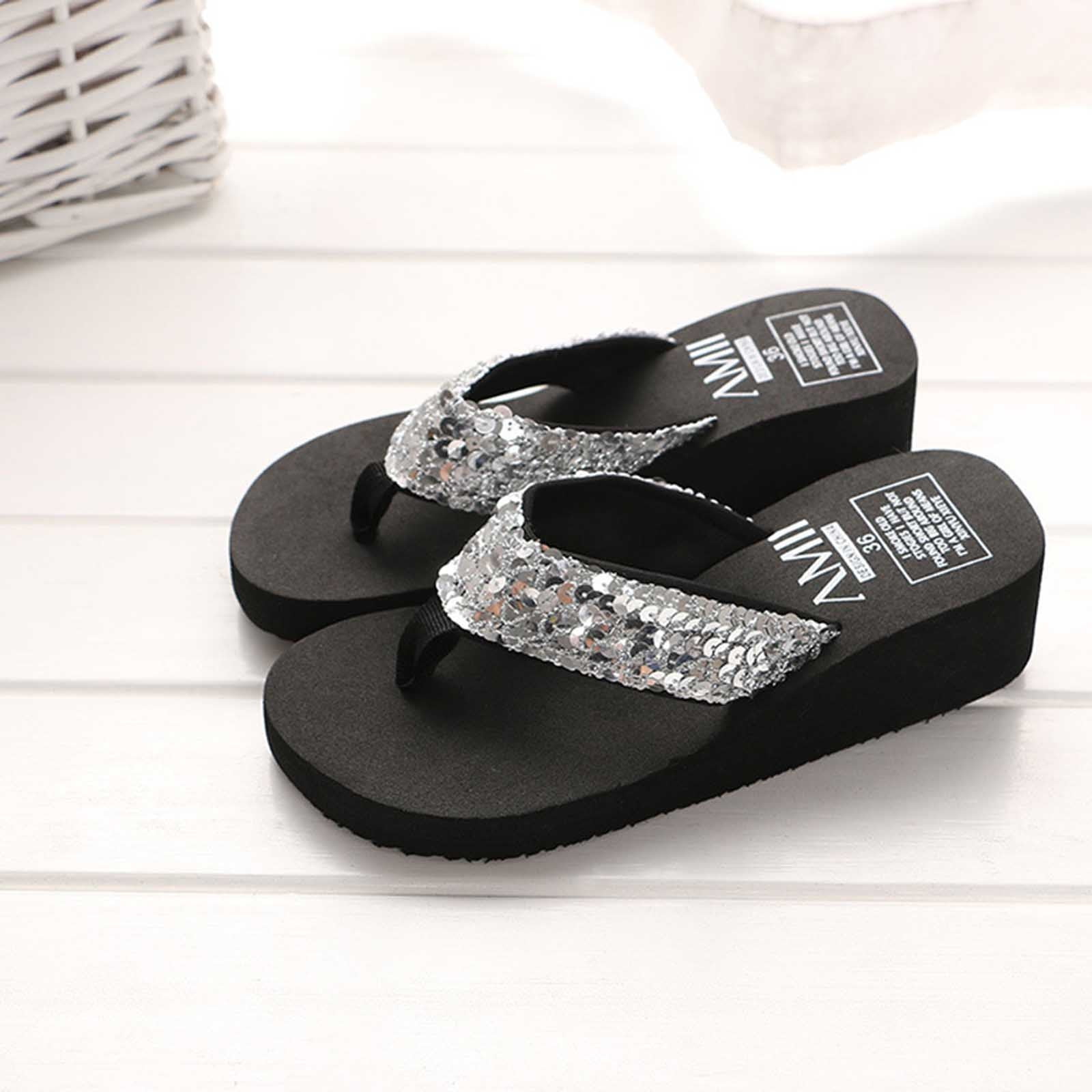 Jacenvly 2024 New Women Summer Fashion Sequin Flip-Flops with Platform ...
