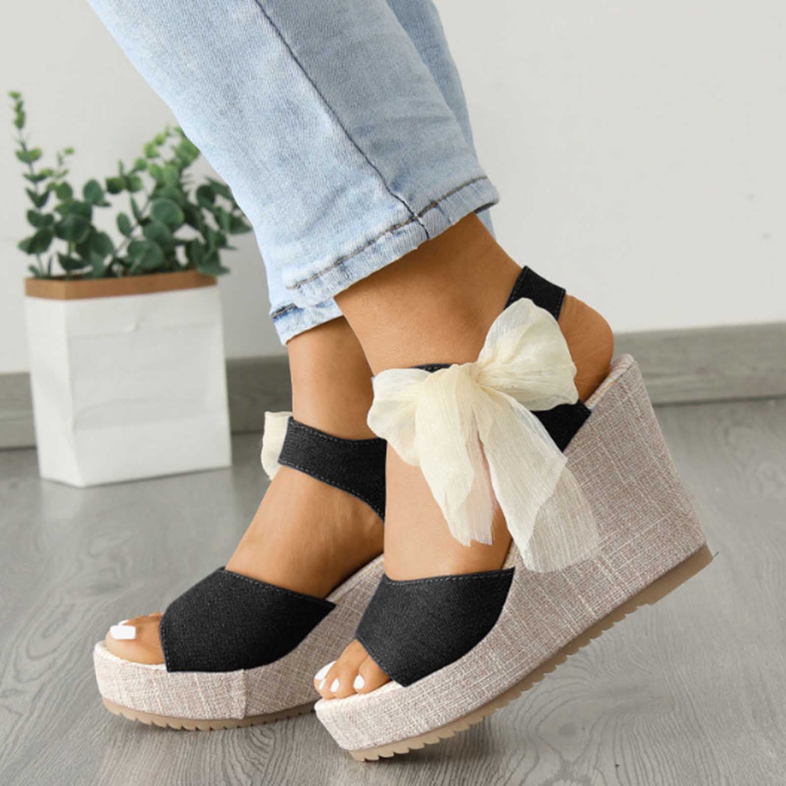 Jacenvly 2024 New Women's Platform Sandals Wedge Heels Solid Color Fish ...